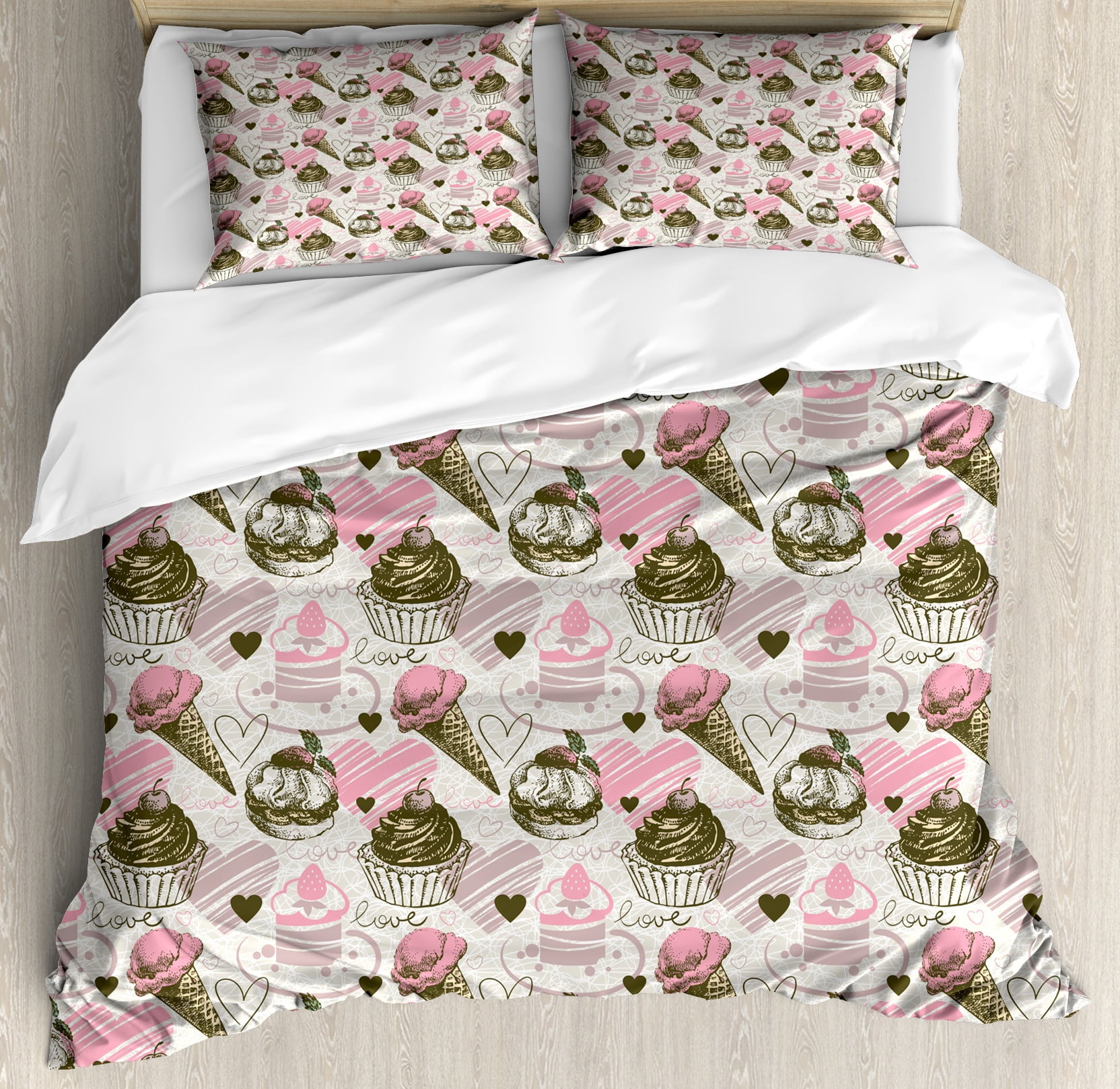 Ice Cream Duvet Cover Set, Grunge Style Cupcakes with Murky Heart Love ...
