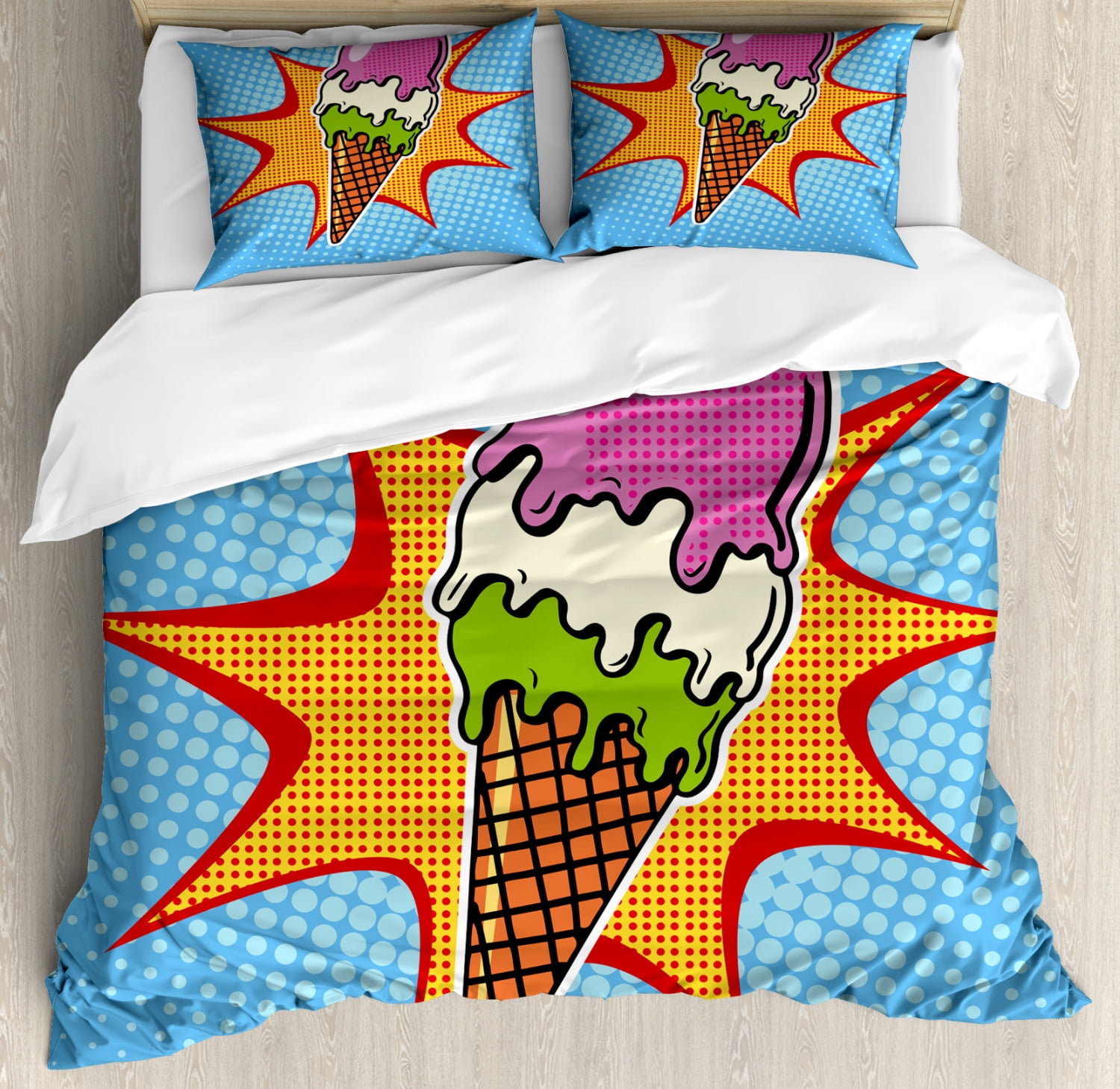 Ice Cream Duvet Cover Set King Size, Retro Pop Art Style Cone with ...