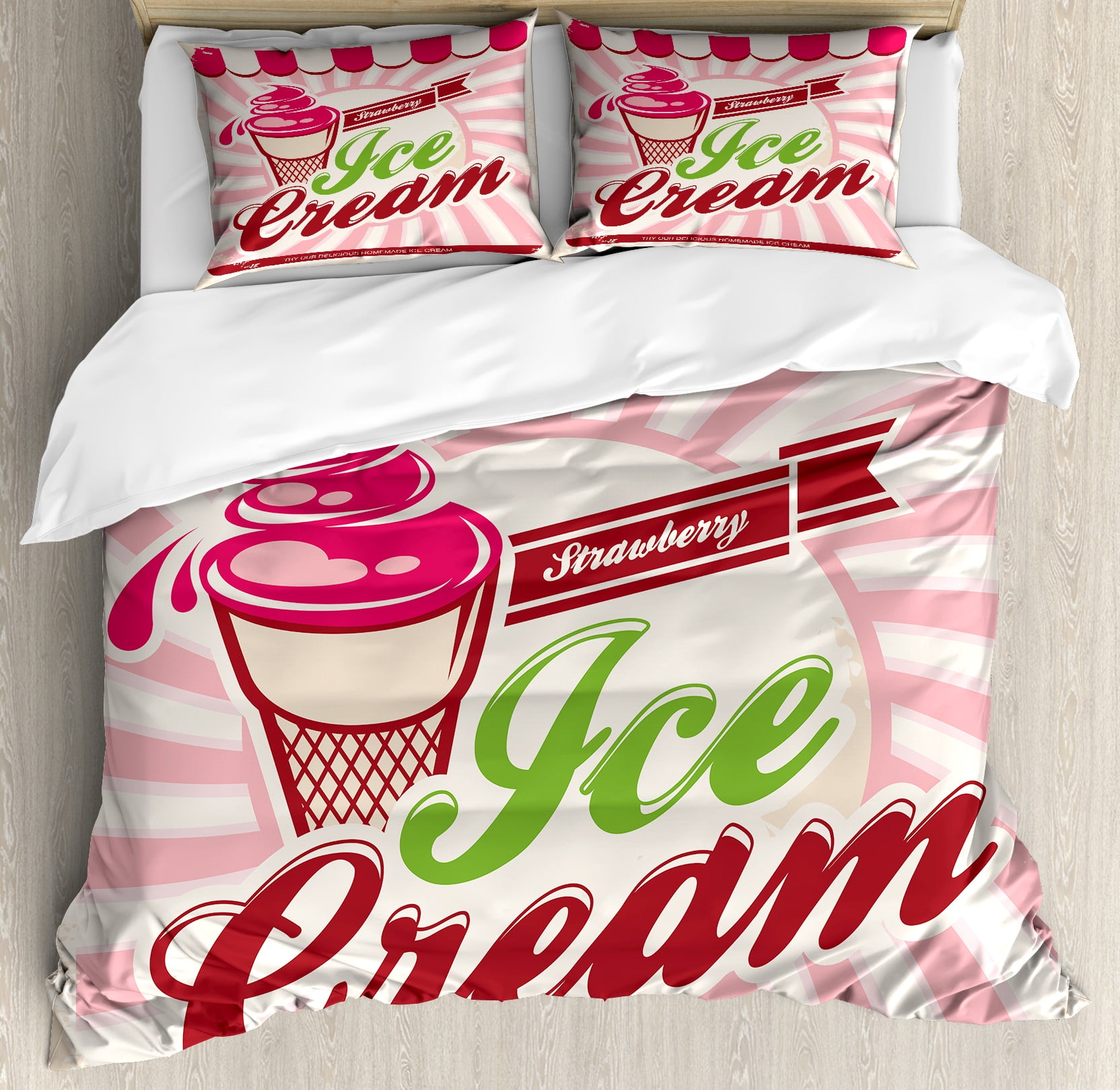 Ice Cream Duvet Cover Set, Retro Style Strawberry Ice Cream Logo in ...