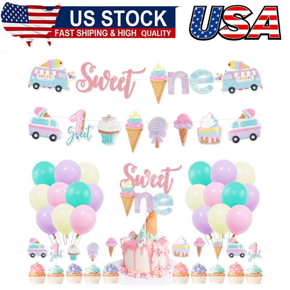 Ice Cream First Birthday Party Decorations, Sweet One Banner Cake ...