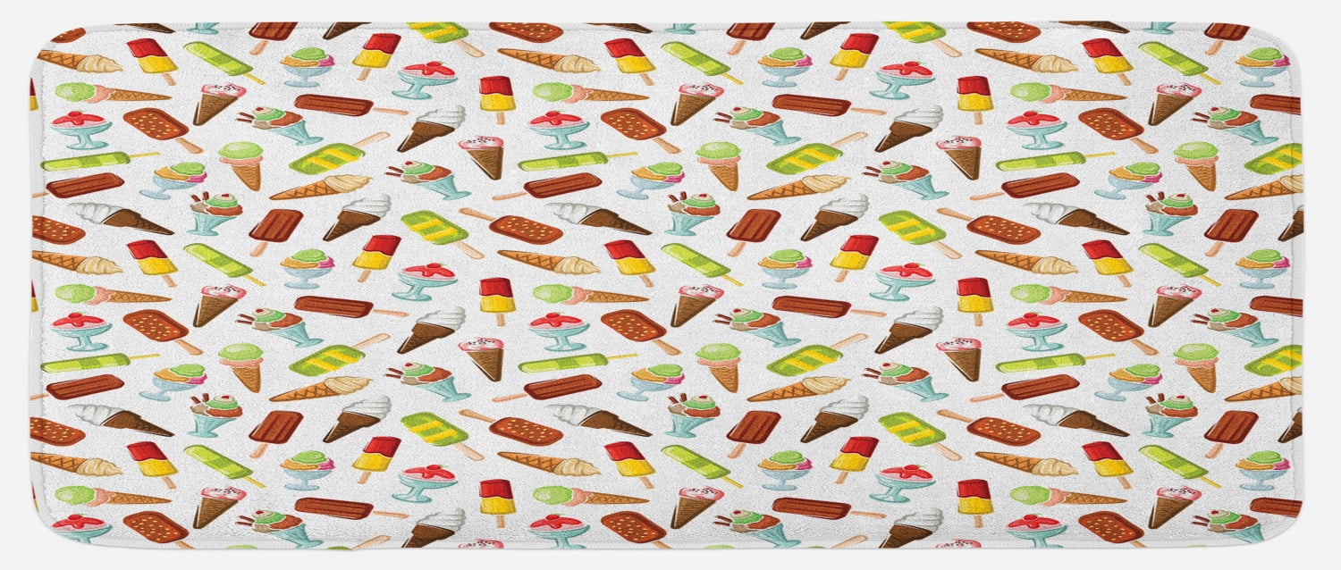 Ice Cream Kitchen Mat, Frozen Desserts in Wafer Cone Glazed Eskimo with ...