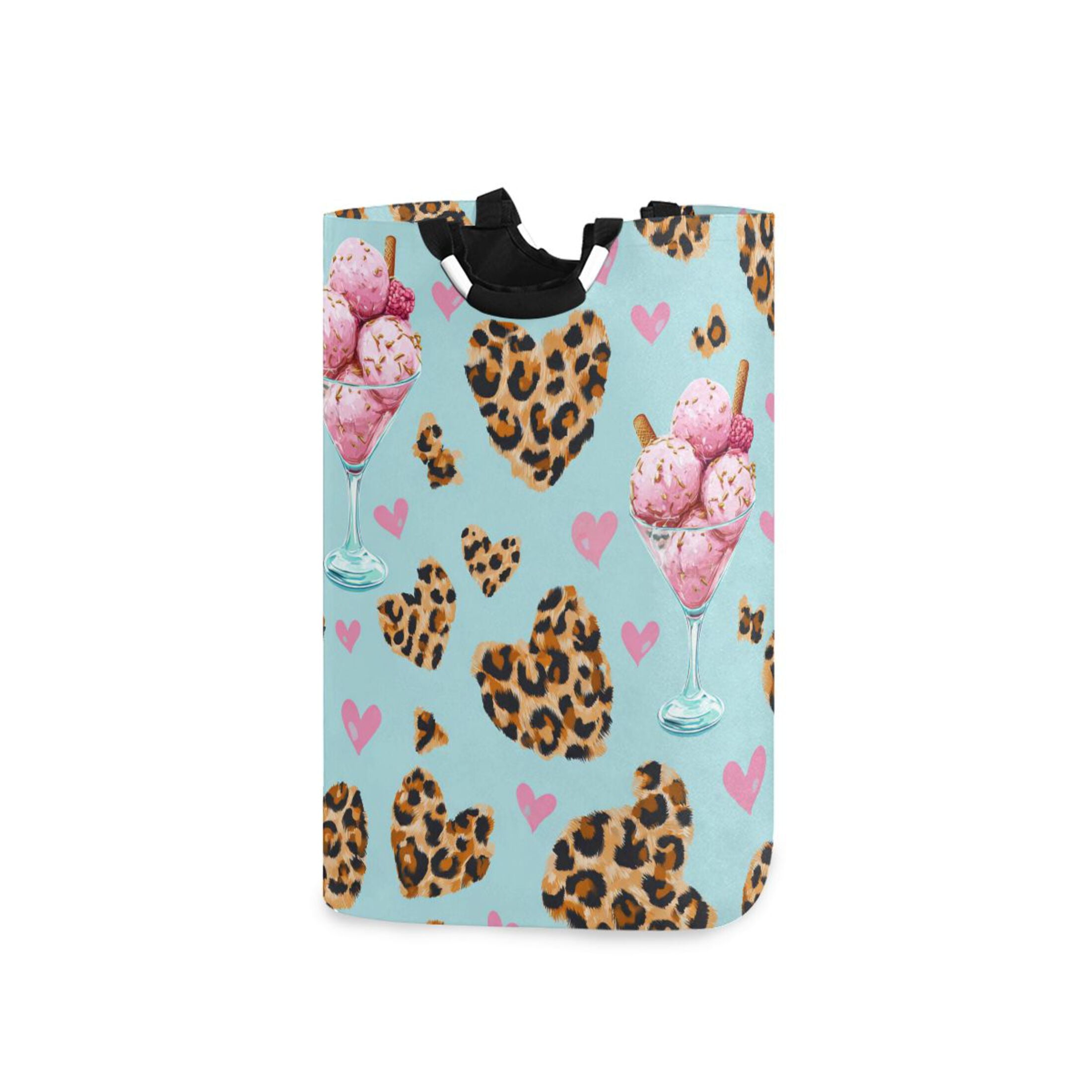 Ice Cream Leopard Print Hearts Valentine Laundry Basket with Handles ...