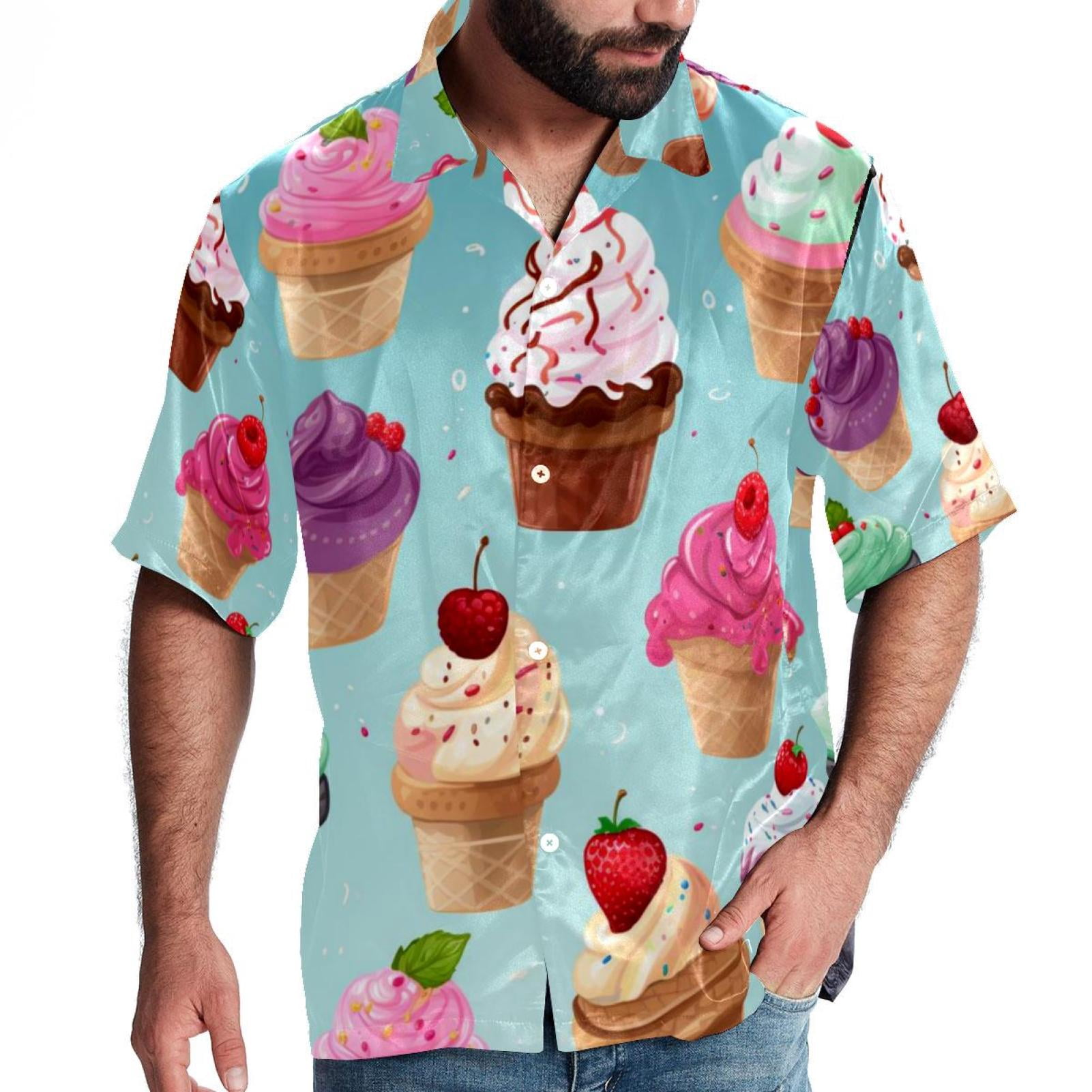 Ice Cream Men's Short Sleeve Hawaiian Print Button Down Beach Shirt ...