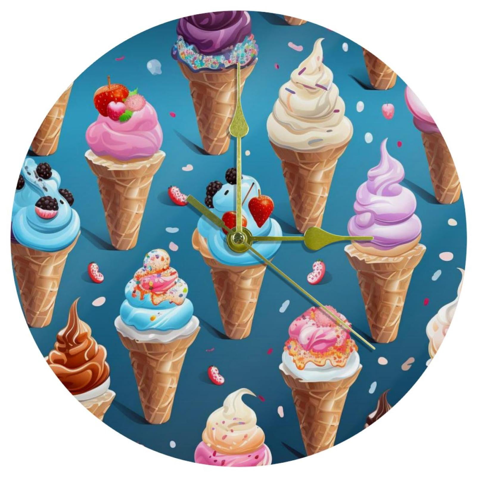 Ice Cream Modern Round Acrylic Wall Clock 9.8 Inches Silent Non Ticking ...