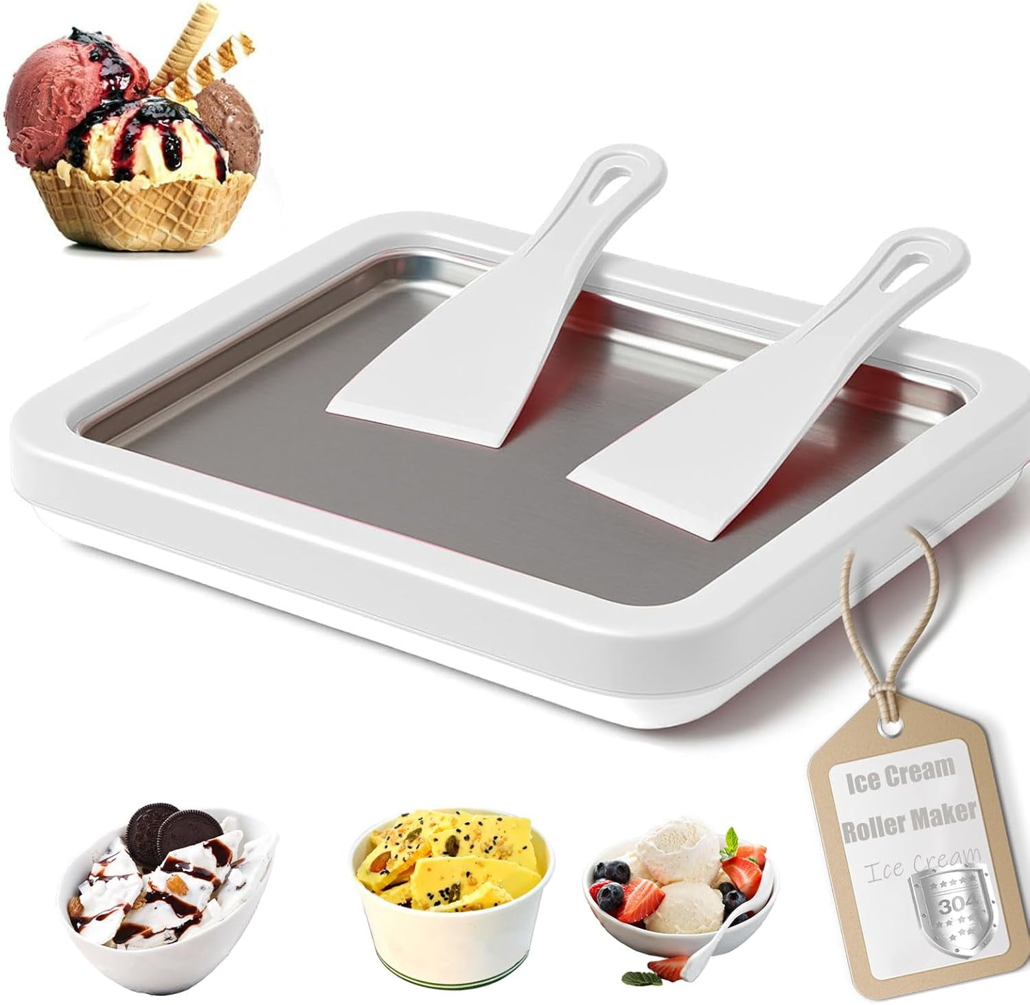 Ice Cream Roller Maker, Instant Ice Cream Plate with 2 Spatulas, Ice ...