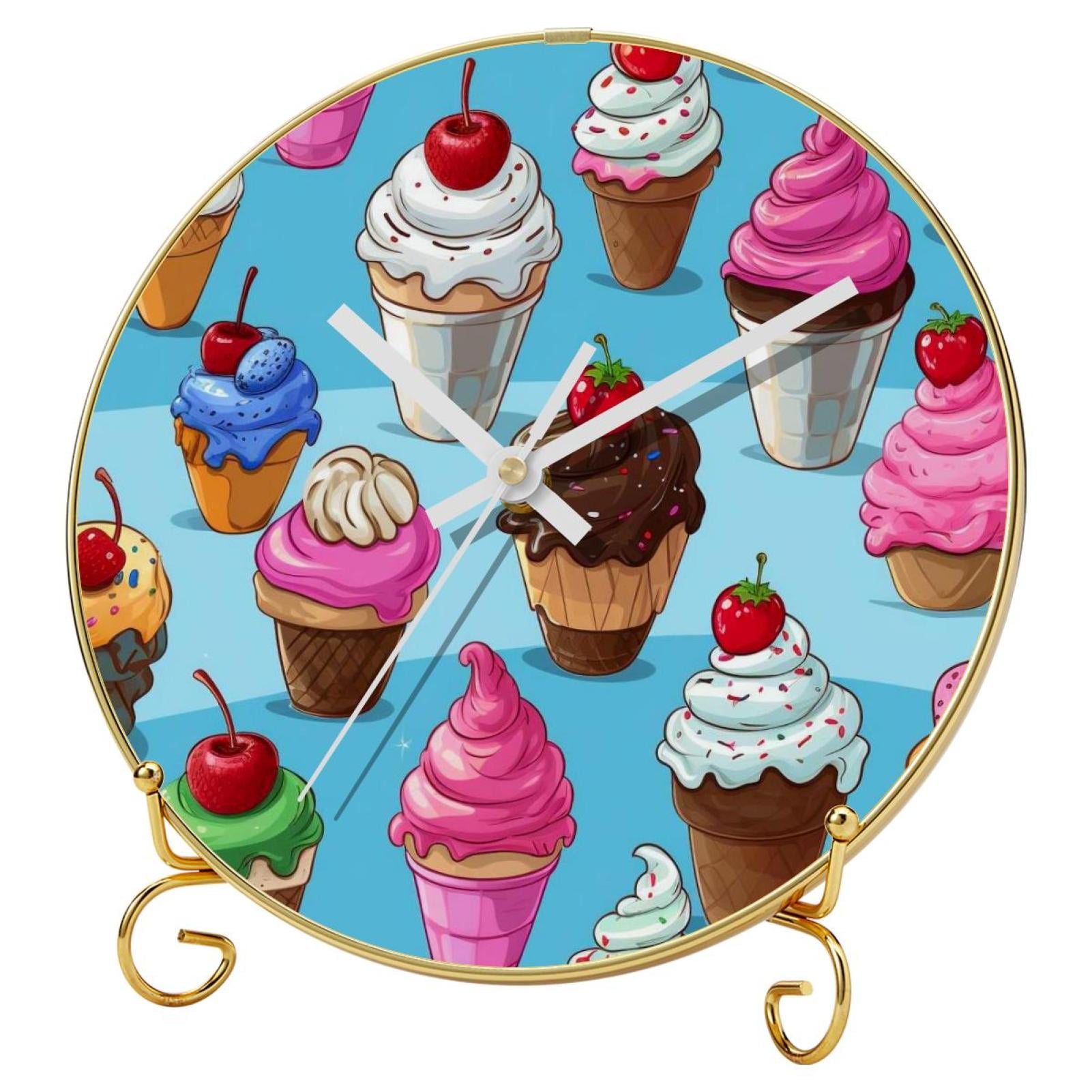 Ice Cream Round Printed Wall Clocks with Hooks and Gold Stand - Silent ...