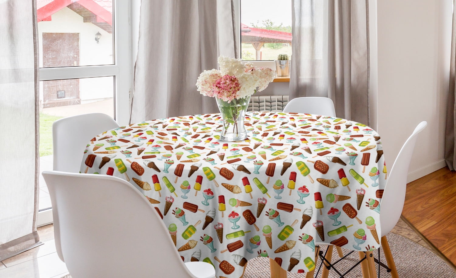 Ice Cream Round Tablecloth, Frozen Desserts in Wafer Cone Glazed Eskimo ...