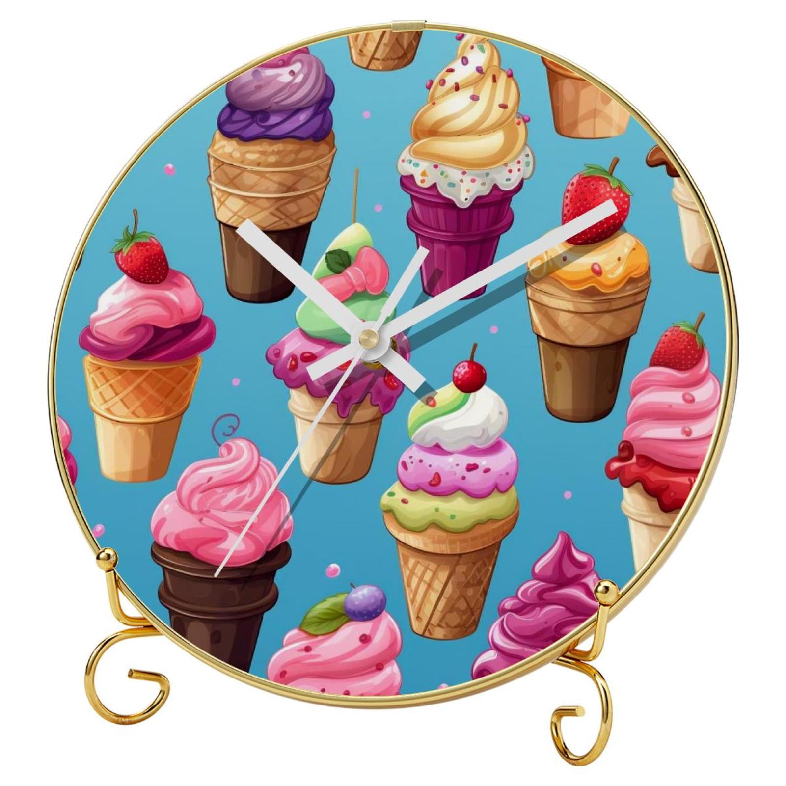 Ice Cream Round Wall Clocks with Hooks and Gold Stand, Silent Non ...