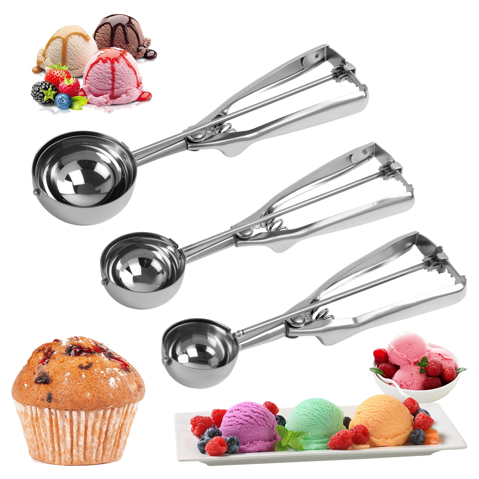 Ice Cream Scoop, Stainless Steel Cookie Scoop Set with Trigger Release ...