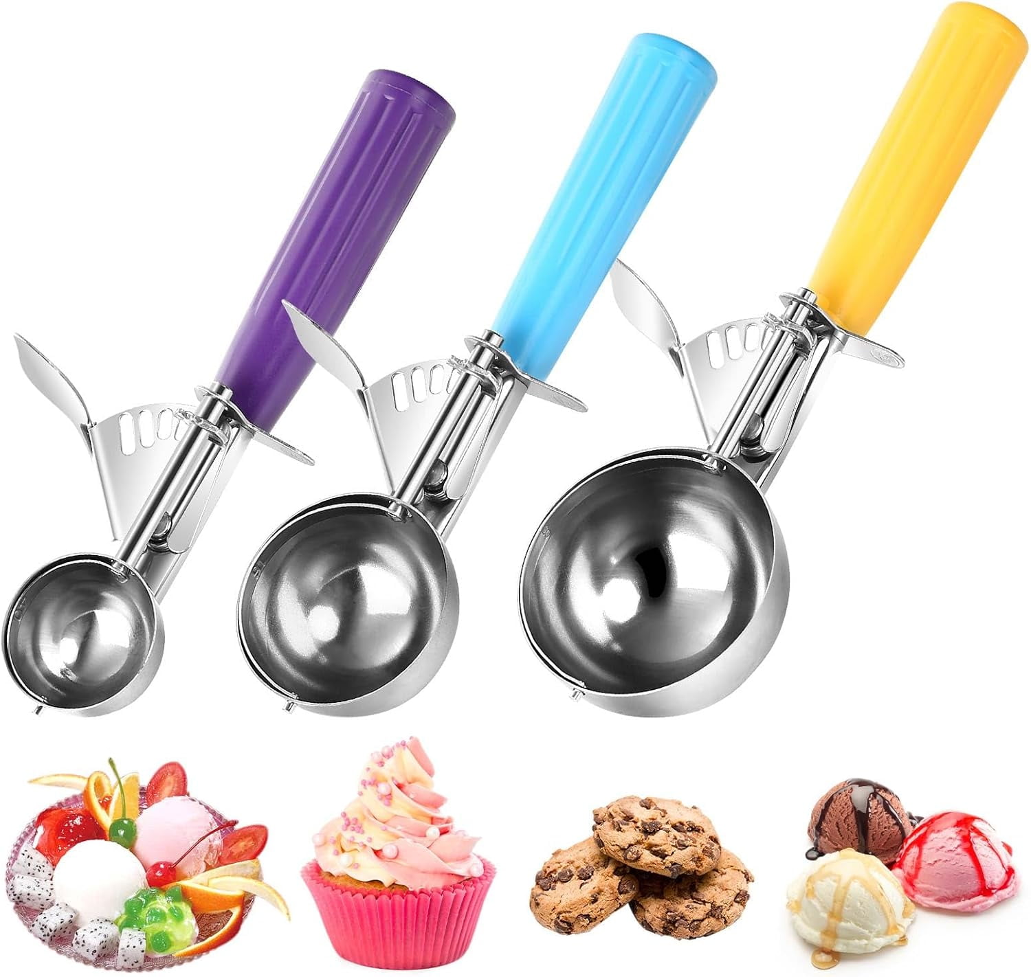 Ice Cream Scoop with Trigger, Cookie Scoops Set of 3 Portion Scoop 18/8 ...
