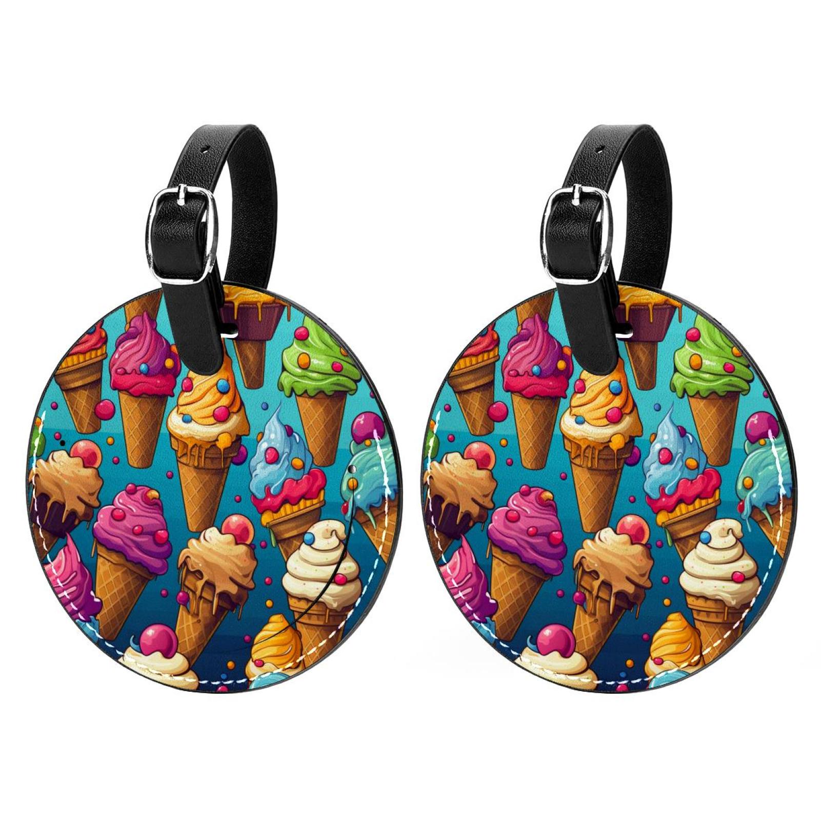 Ice Cream Set of 2pcs PU Leather Round Suitcase Tags with Privacy Cover ...