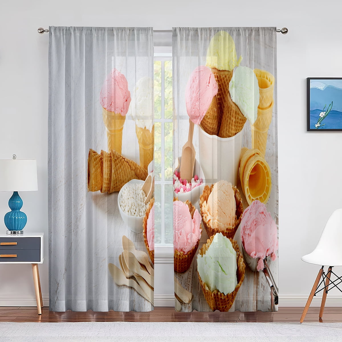 Ice Cream Sheer Voile Curtain Taste of Summer Theme Chocolate Candy Window Tulle Curtains for ...