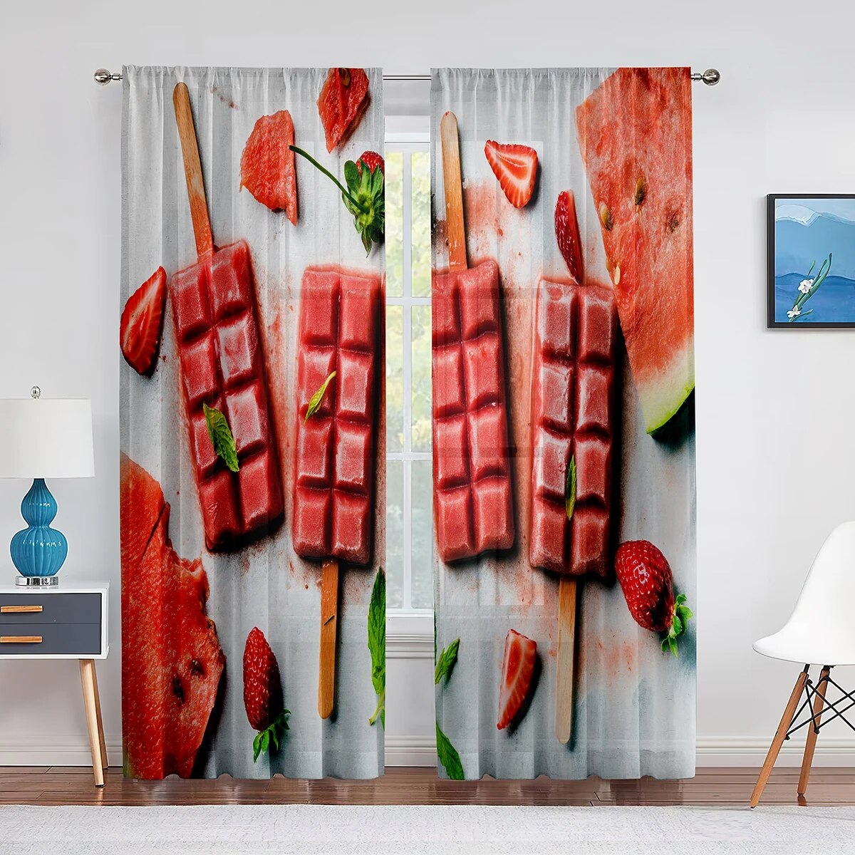 Ice Cream Strawberries Pink Chiffon Tulle Curtains Berry Popsicles ...