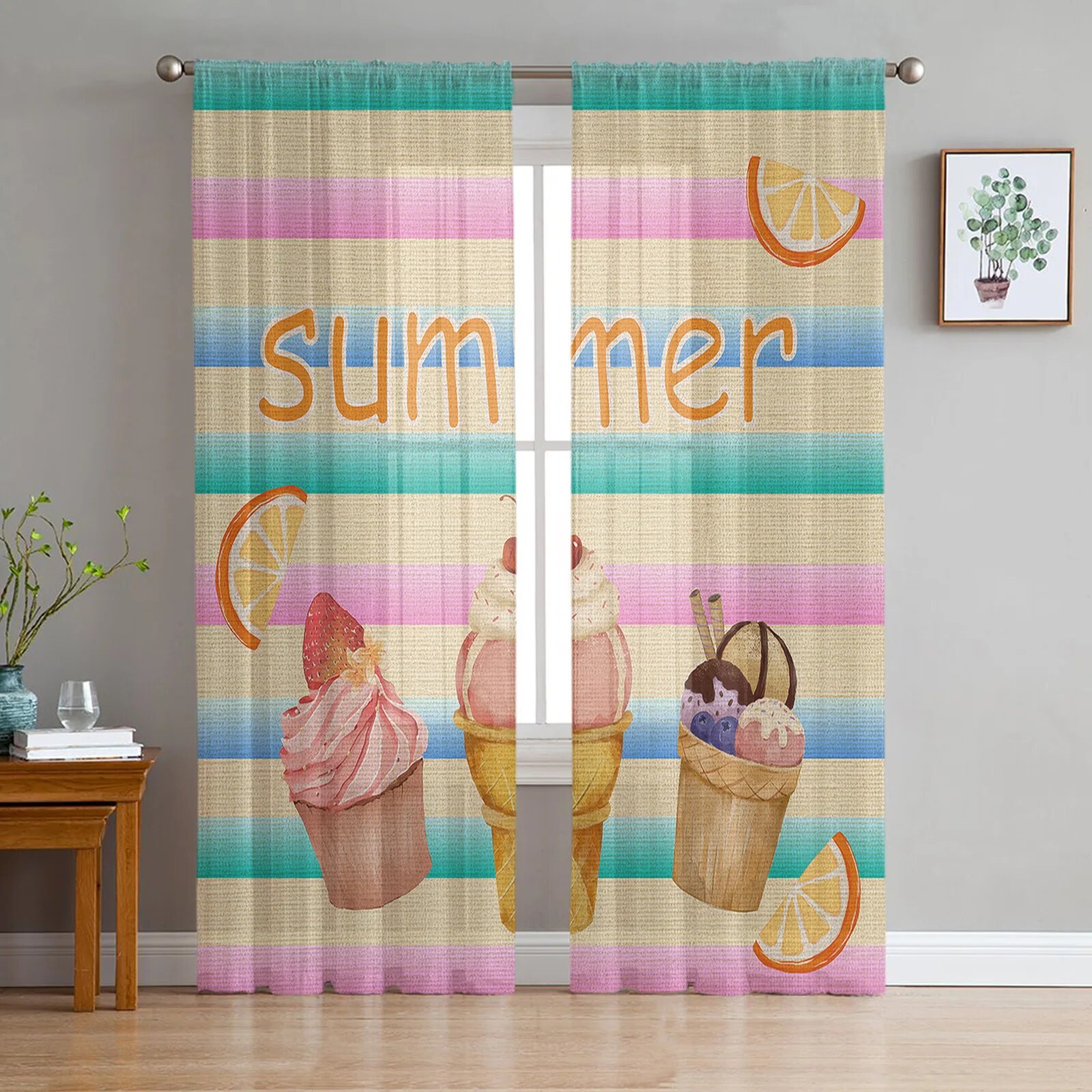 Ice Cream Summer Lemon Tulle Curtains for Living Room Bedroom ration ...