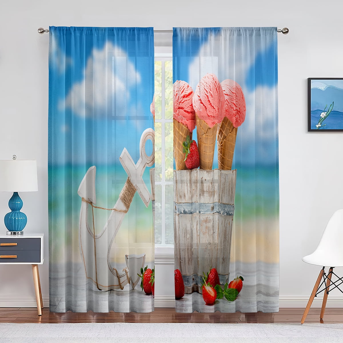 Ice Cream Summer Theme Chocolate and Fruity Flavor Tulle Window Curtains for Living Room Bedroom ...