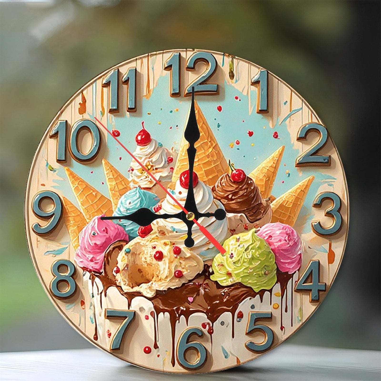 Ice Cream Sundae Wall Clock Decor 10-Inch Silent Wooden Wall Clock ...