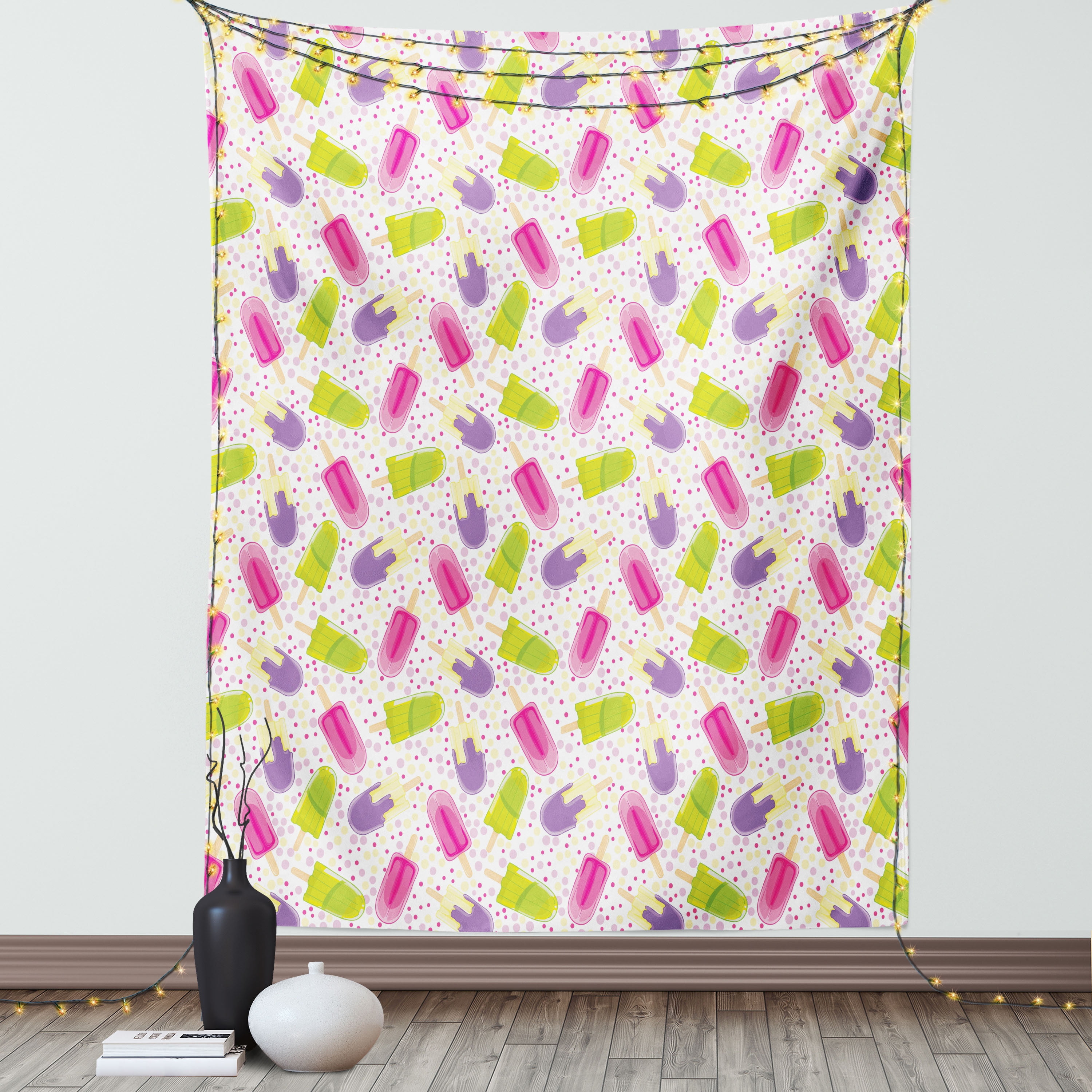 Ice Cream Tapestry, Popsicles in Cartoon Style Scattered on Polka Dot ...