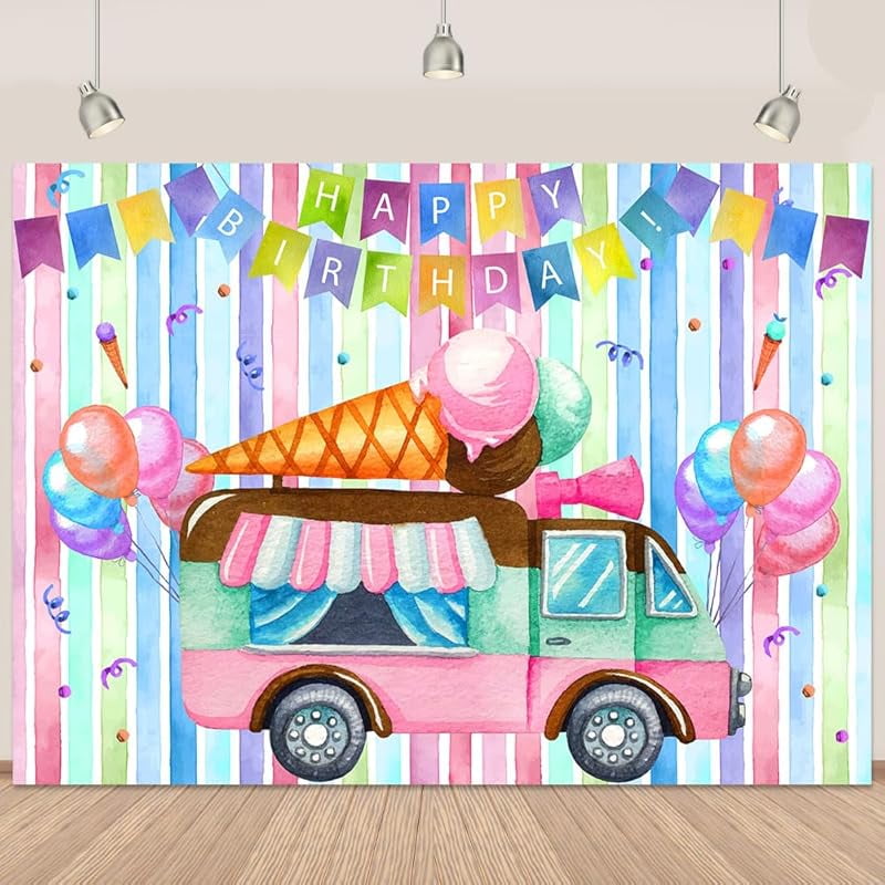 Ice Cream Theme Happy Birthday Backdrop Colorful Car Balloon Ice Cream ...