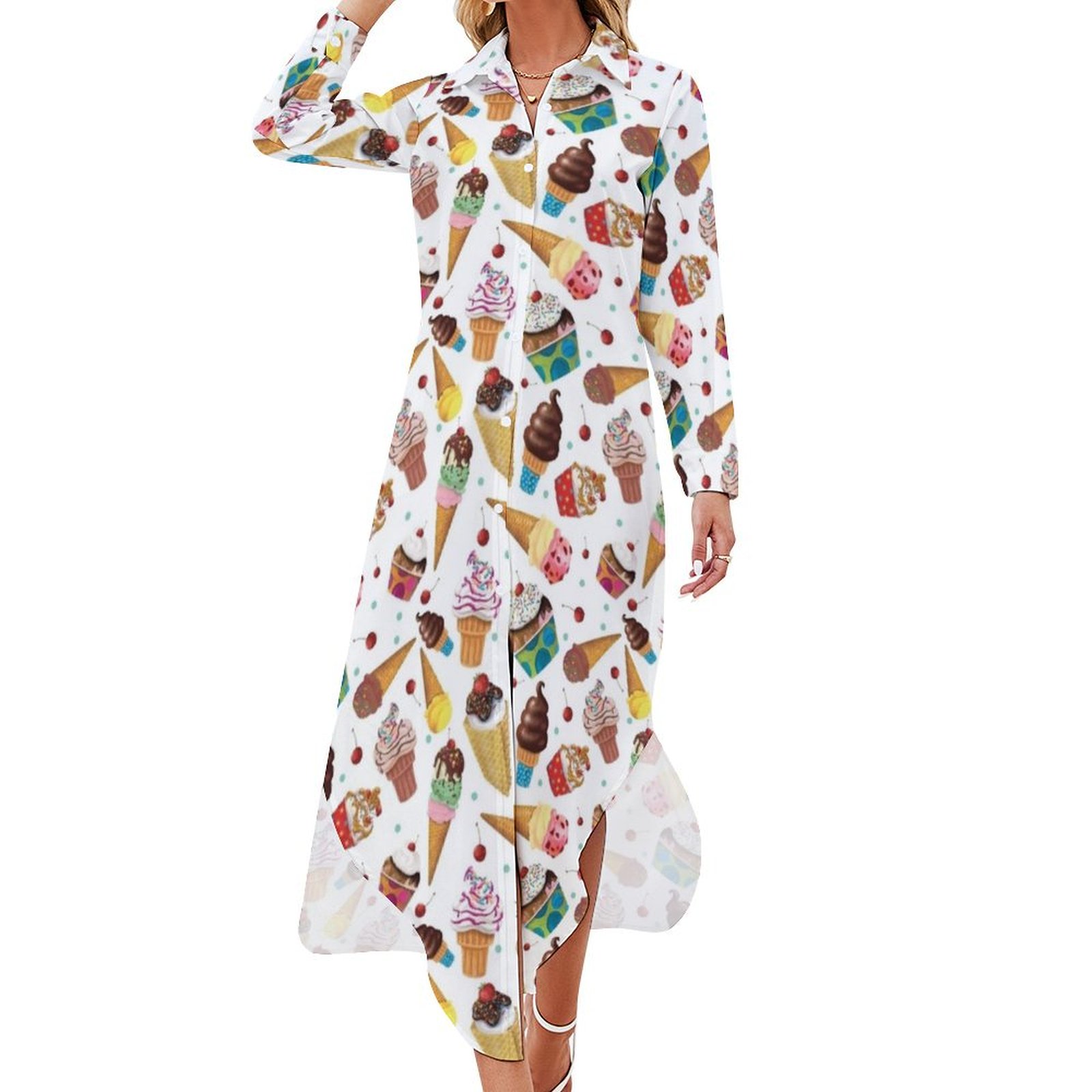 Ice Cream Toss Print Long Sleeved Shirt Dress prom dress Elegant gowns ...