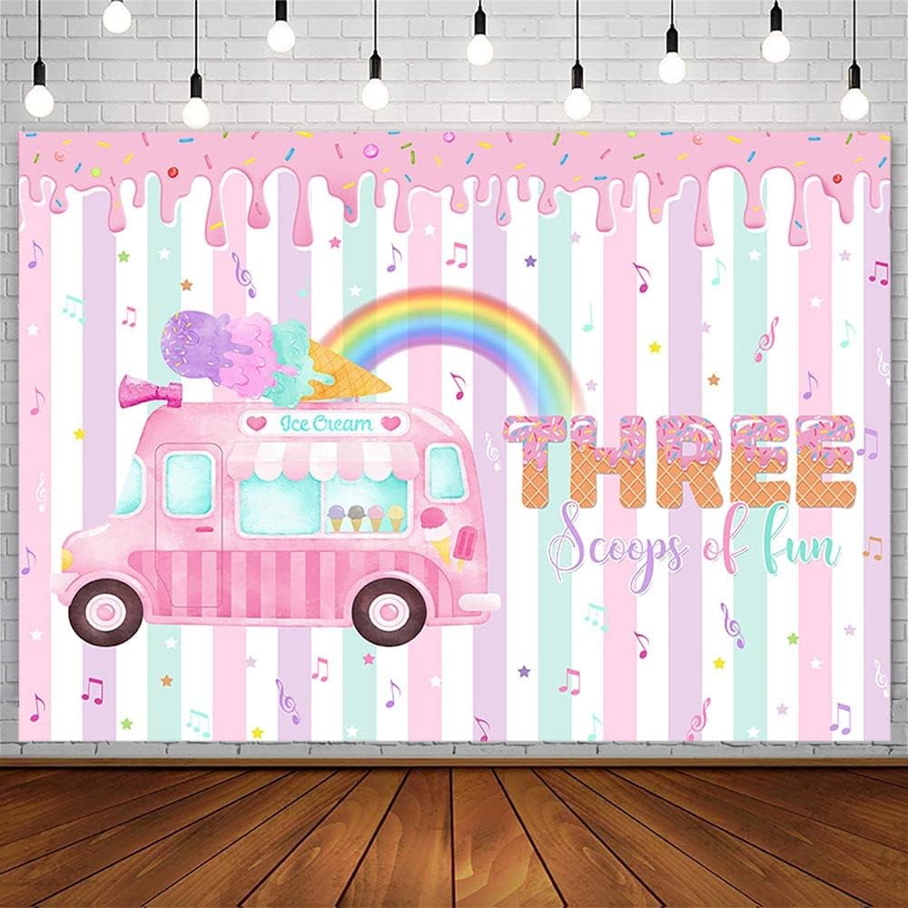 Ice Cream Truck 3rd Birthday Backdrop for Girls Three Scoops of Fun Party Decorations Rainbow ...