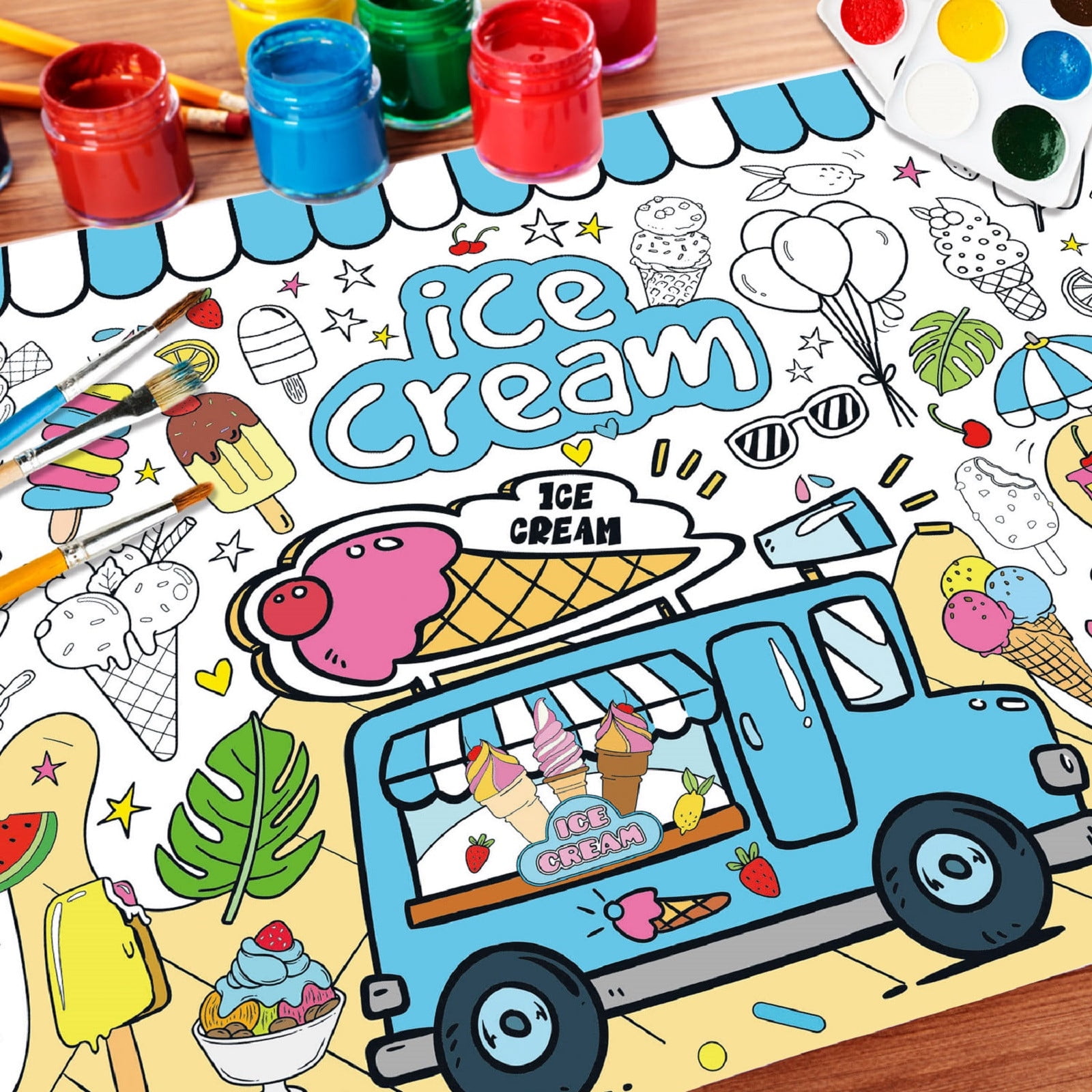 Ice Cream Truck Coloring Poster for Kids Large DIY Wall Art with Fun ...