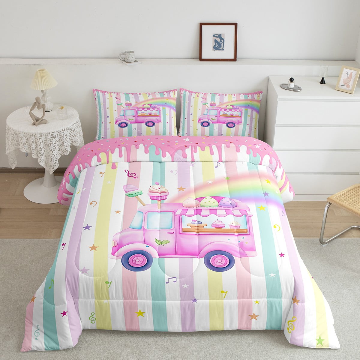 Ice Cream Truck Twin Size Comforter Sets for Kids Adults,Pink Cream ...