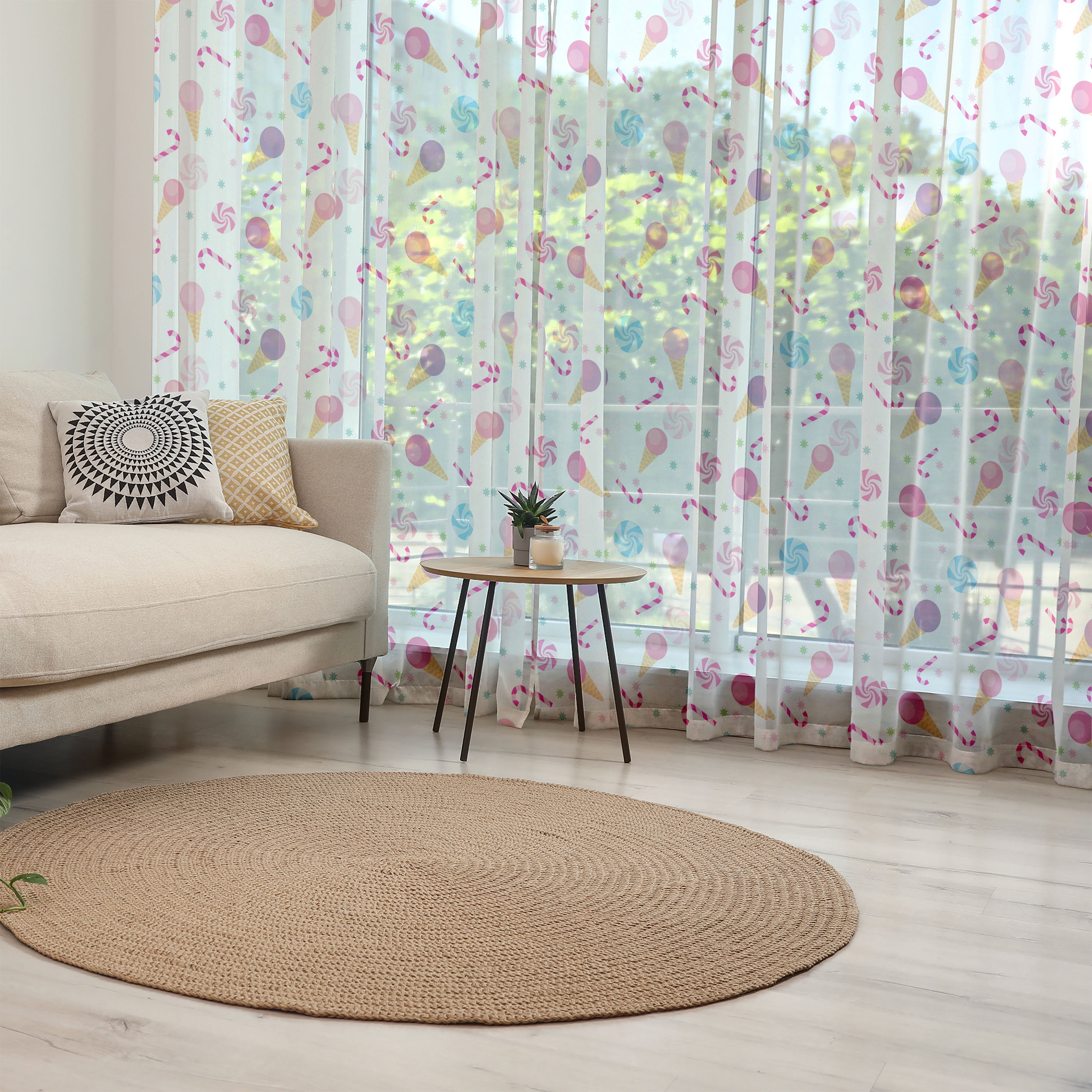 Ice Cream Tulle Curtains with Rod Pocket, Sweets Pattern with Ice Cream ...