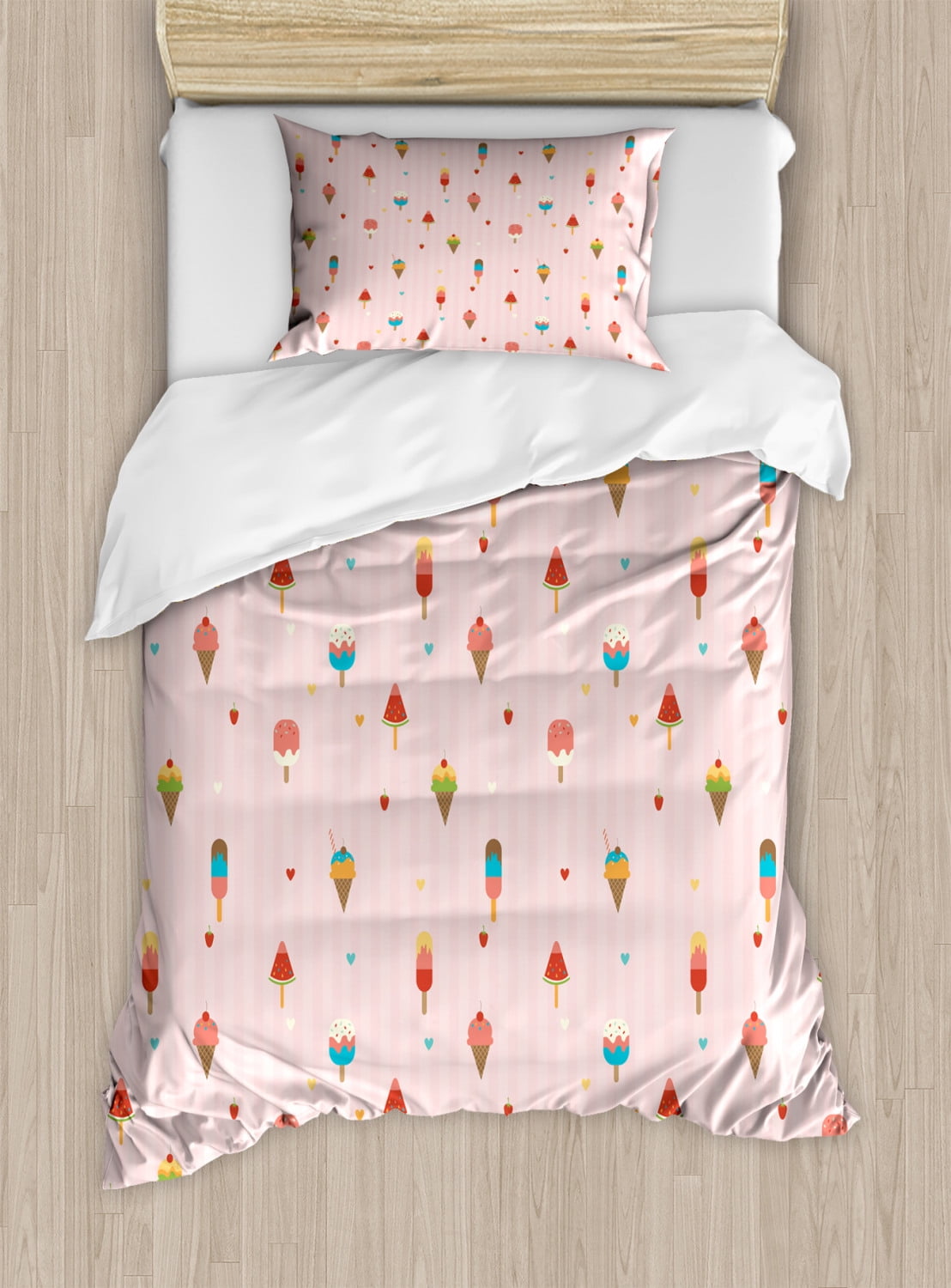 Ice Cream Twin Size Duvet Cover Set, Pastel Pink Striped Backdrop with ...