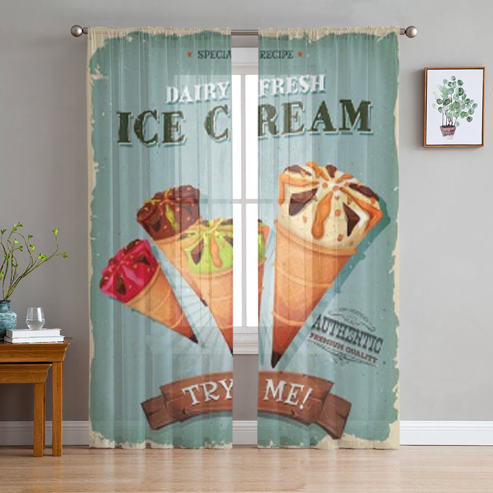 Ice Cream Vintage Metal Signs Set Bay Window Screening Curtains Drape ...