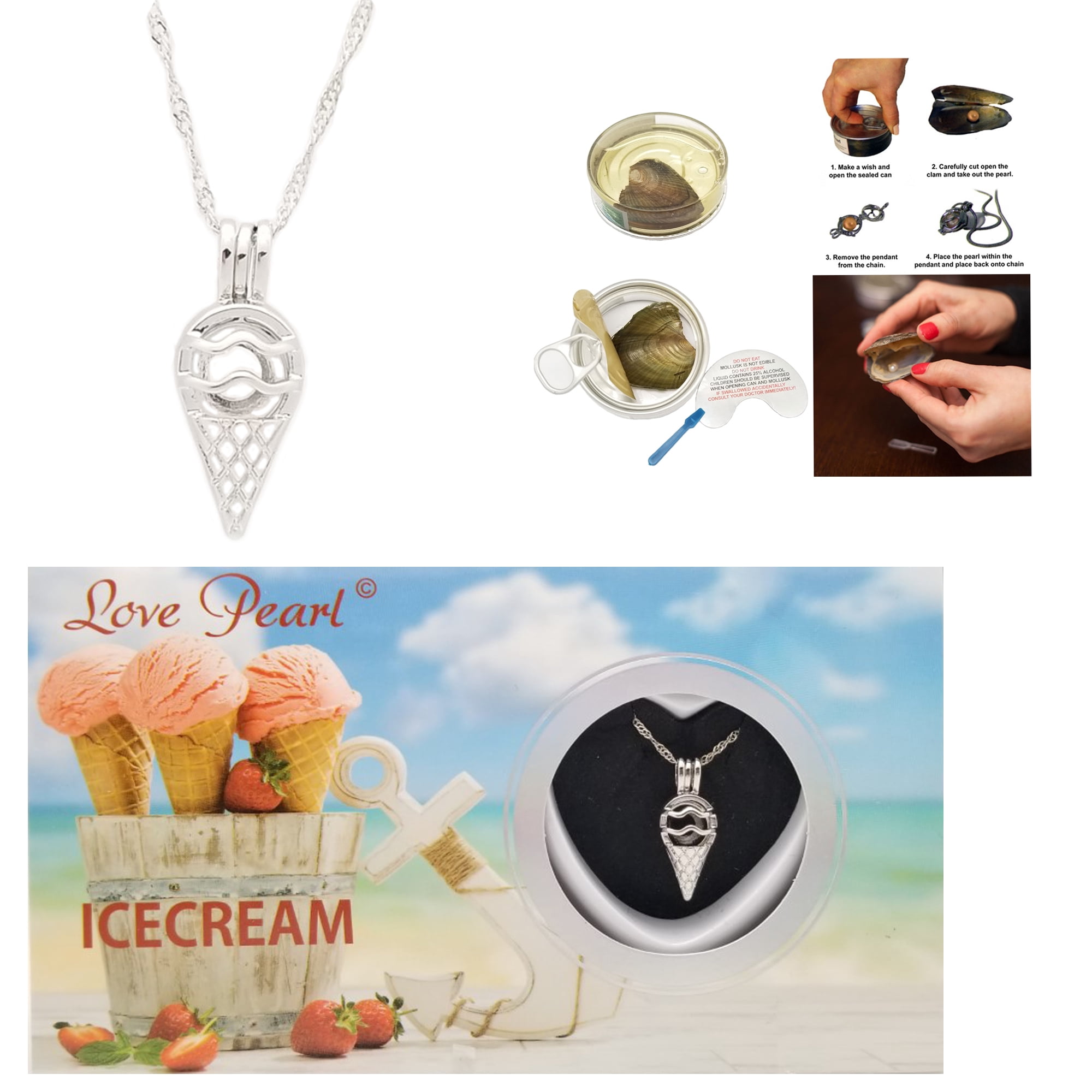 Ice Cream Wish Love Pearl Kit Pendant with 16" Stainless Steel Necklace ...