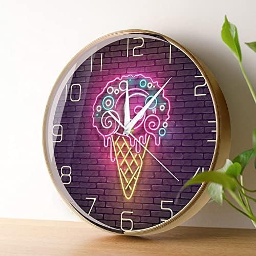 Ice Cream Wooden Frame Silent Wall Clock Printed Neon Pattern Modern ...