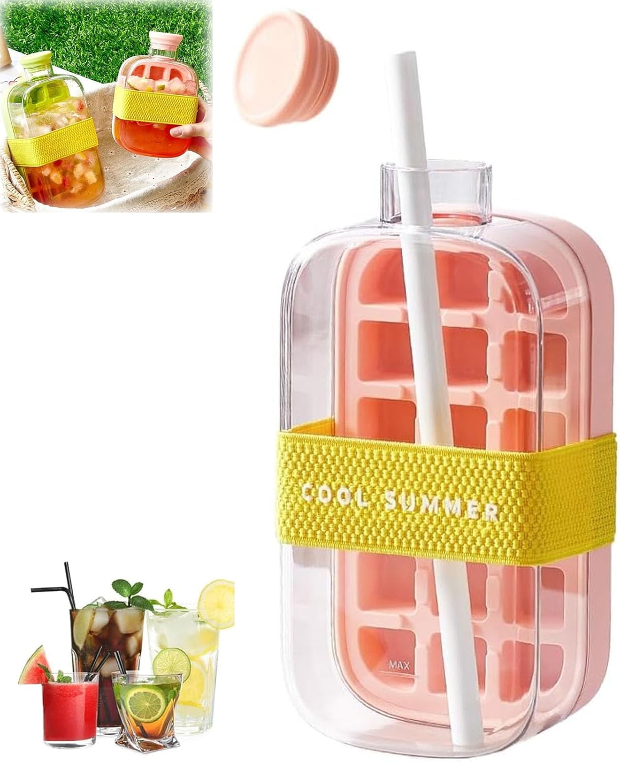 Ice Cube Bottle, 2 in 1 Touch-Free Ice Compartment Water Bottle with ...