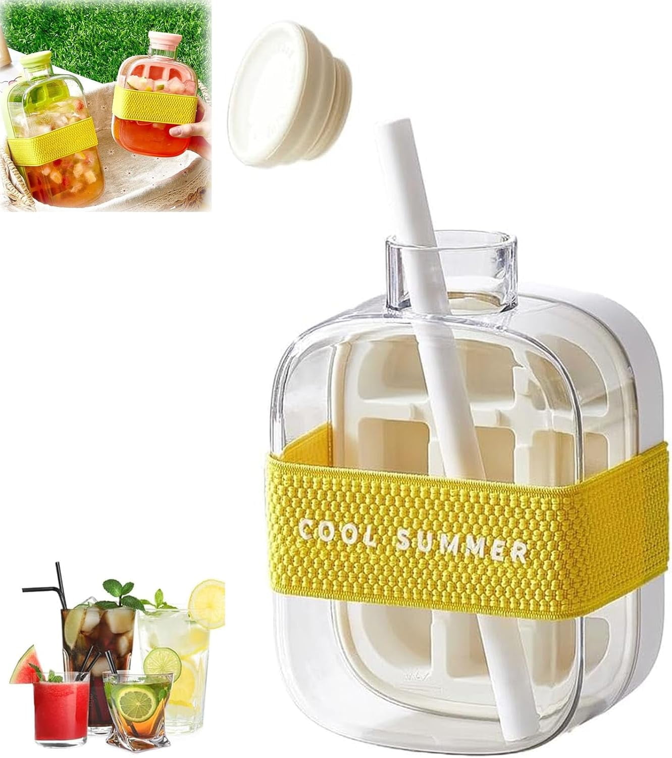 Ice Cube Bottle, 2 in 1 Touch-Free Ice Compartment Water Bottle with ...