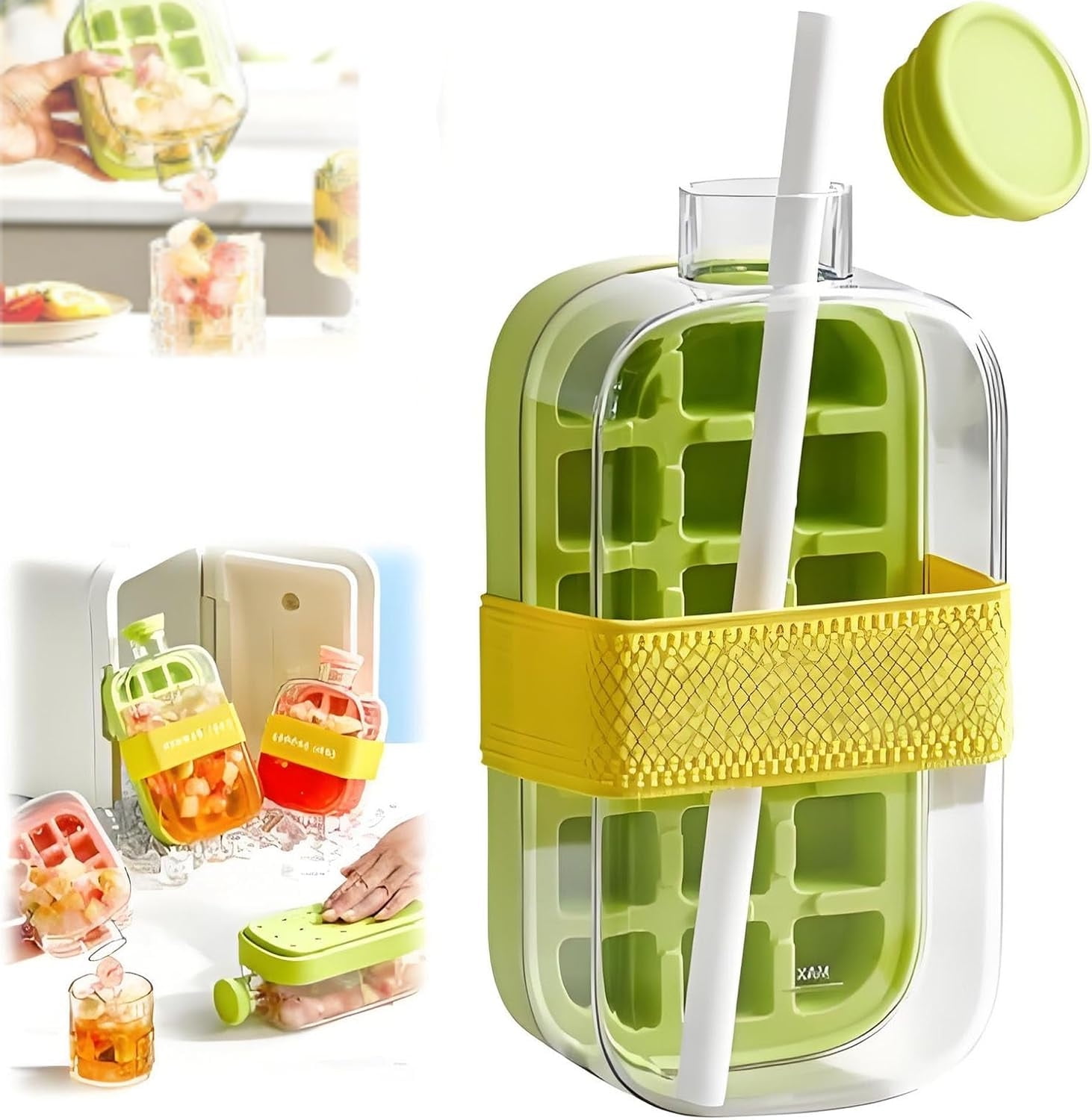 Ice Cube Bottle, 2 in 1 Touch-Free Ice Cube Tray Water Bottle with Lid and Bin, 2025 New Ice ...