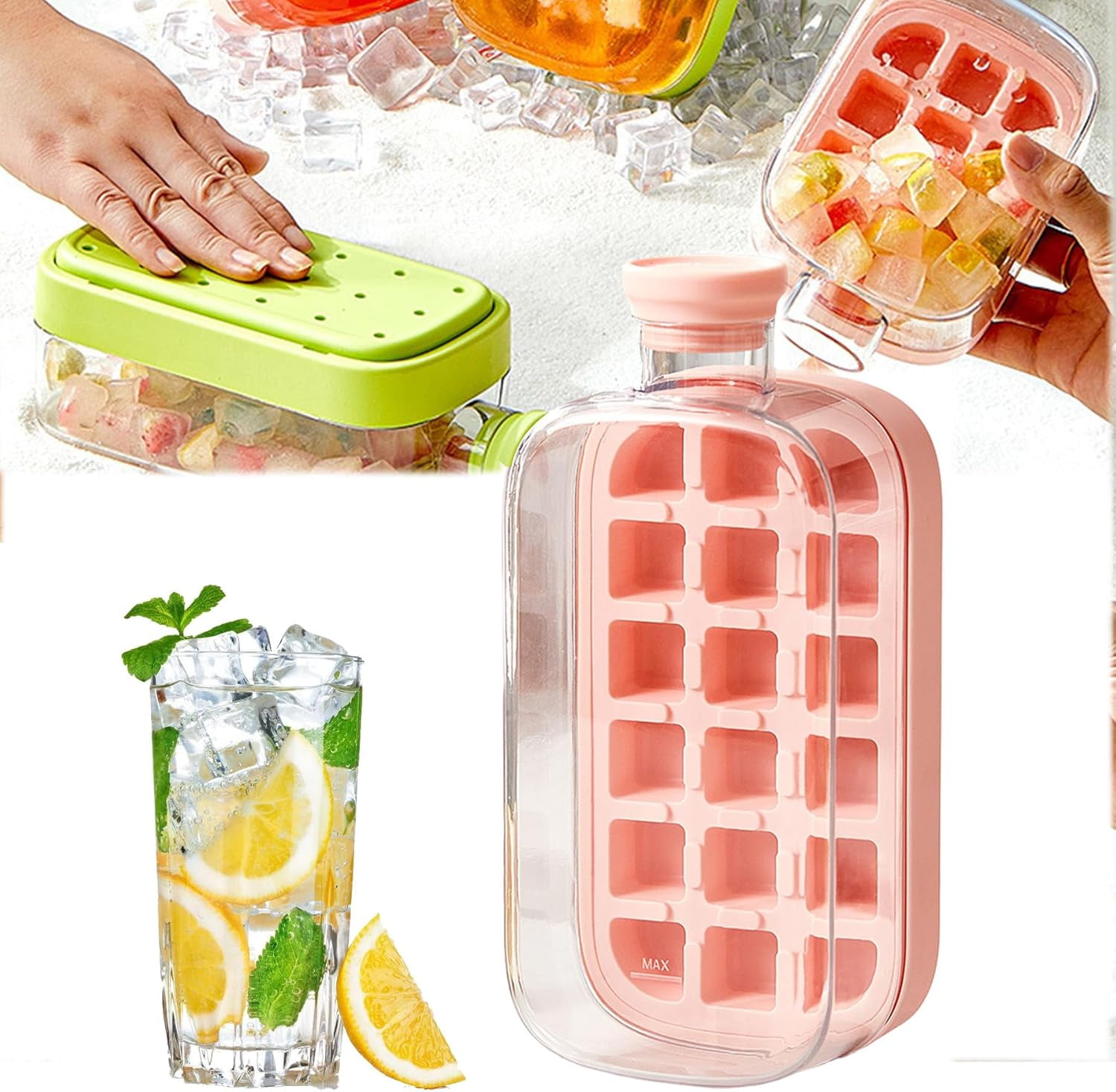 Ice Cube Bottle, 2 in 1 Touch-Free Ice Cube Tray Water Bottle with Lid ...