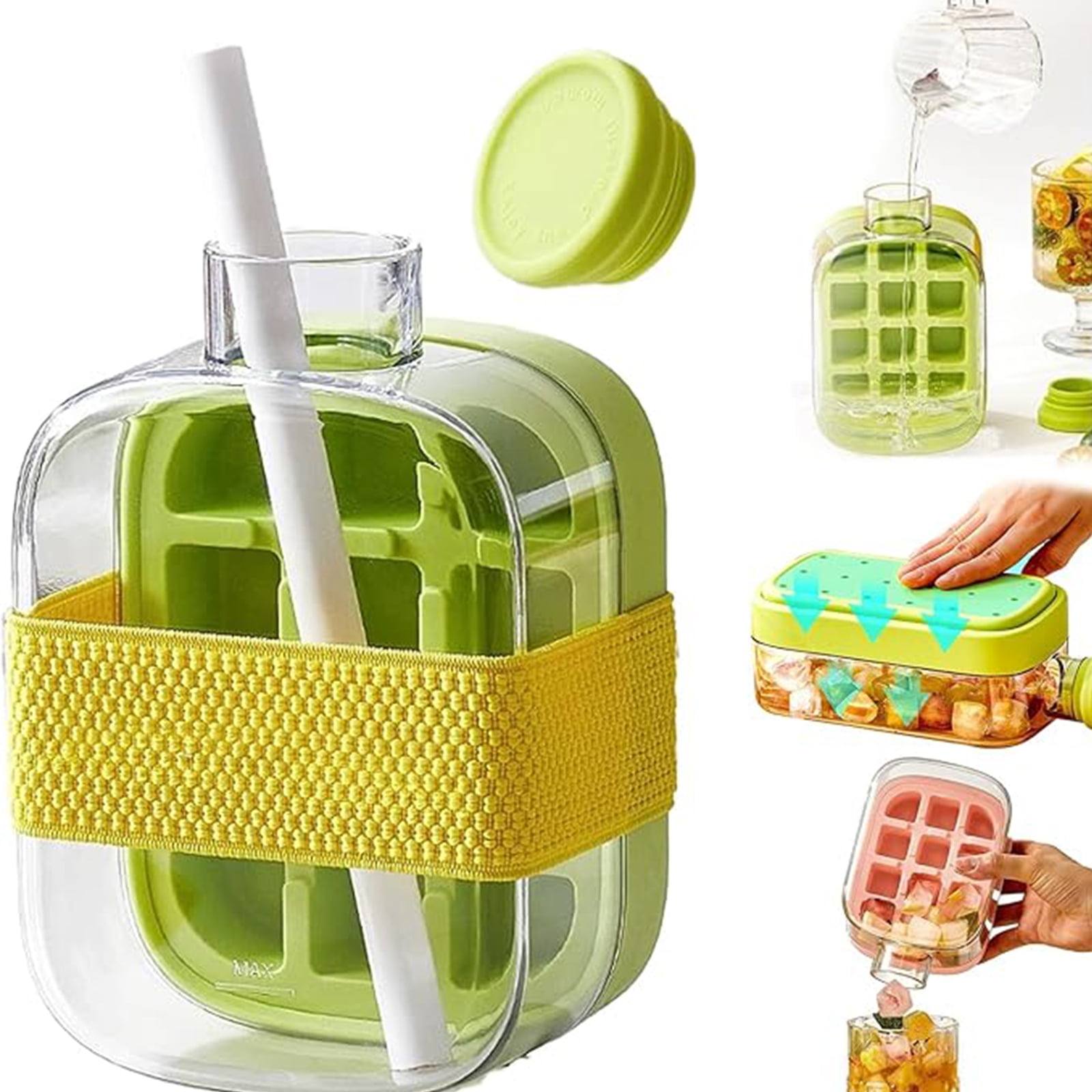 Ice Cube Bottle, 2 in 1 Touch-Free Ice Cube Tray Water Bottle with Lid ...