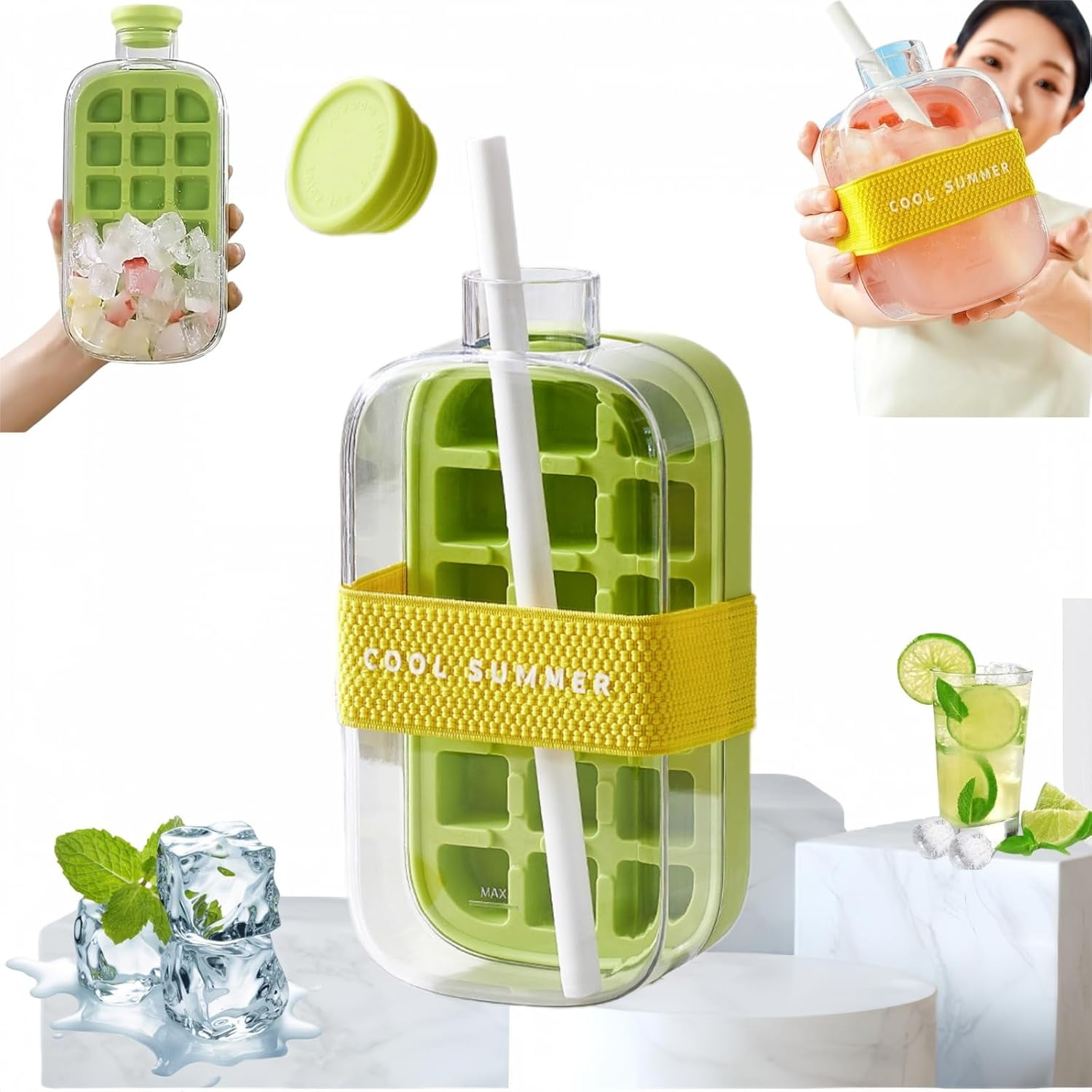 Ice Cube Bottle, 2 in 1 Touch-Free Ice Cube Tray Water Bottle with Lid ...