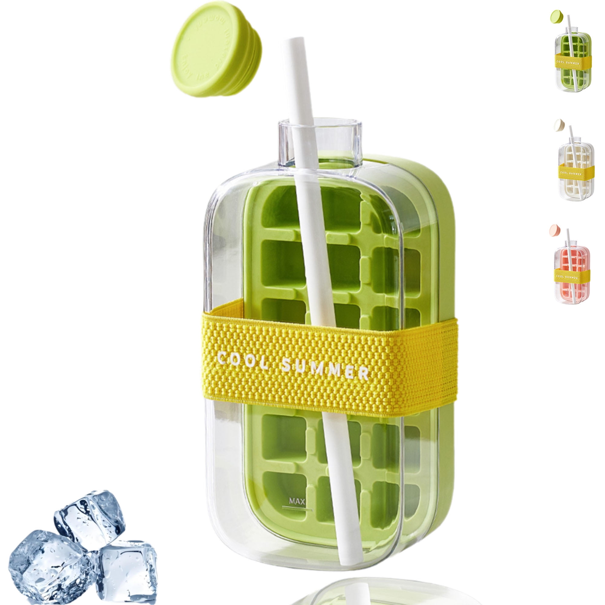 Ice Cube Bottle, 2 in 1 Touch-Free Ice Cube Tray Water Bottle with Lid ...