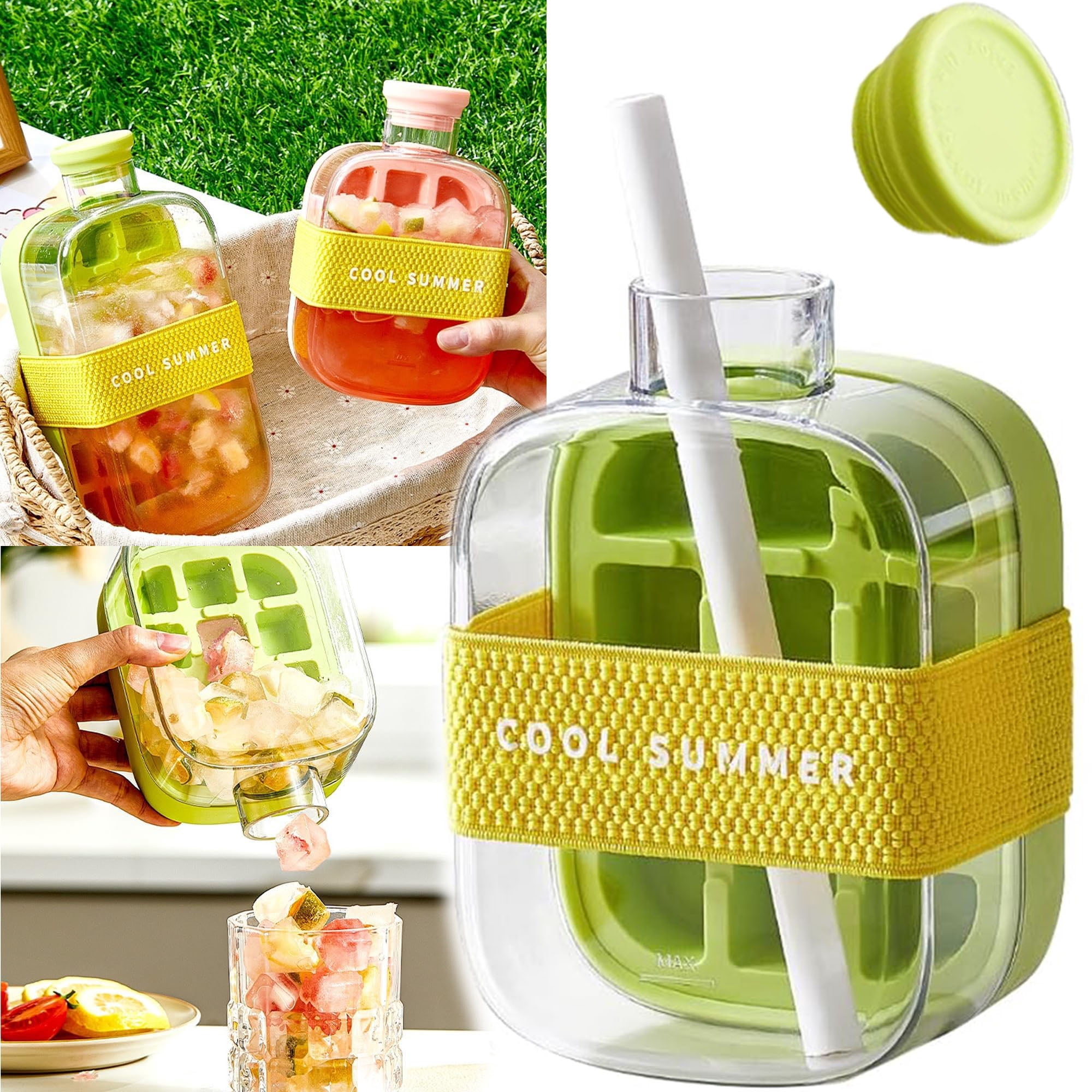 Ice Cube Bottle, 2 in 1 Touch-Free Ice Cube Tray Water Bottle with Lid ...
