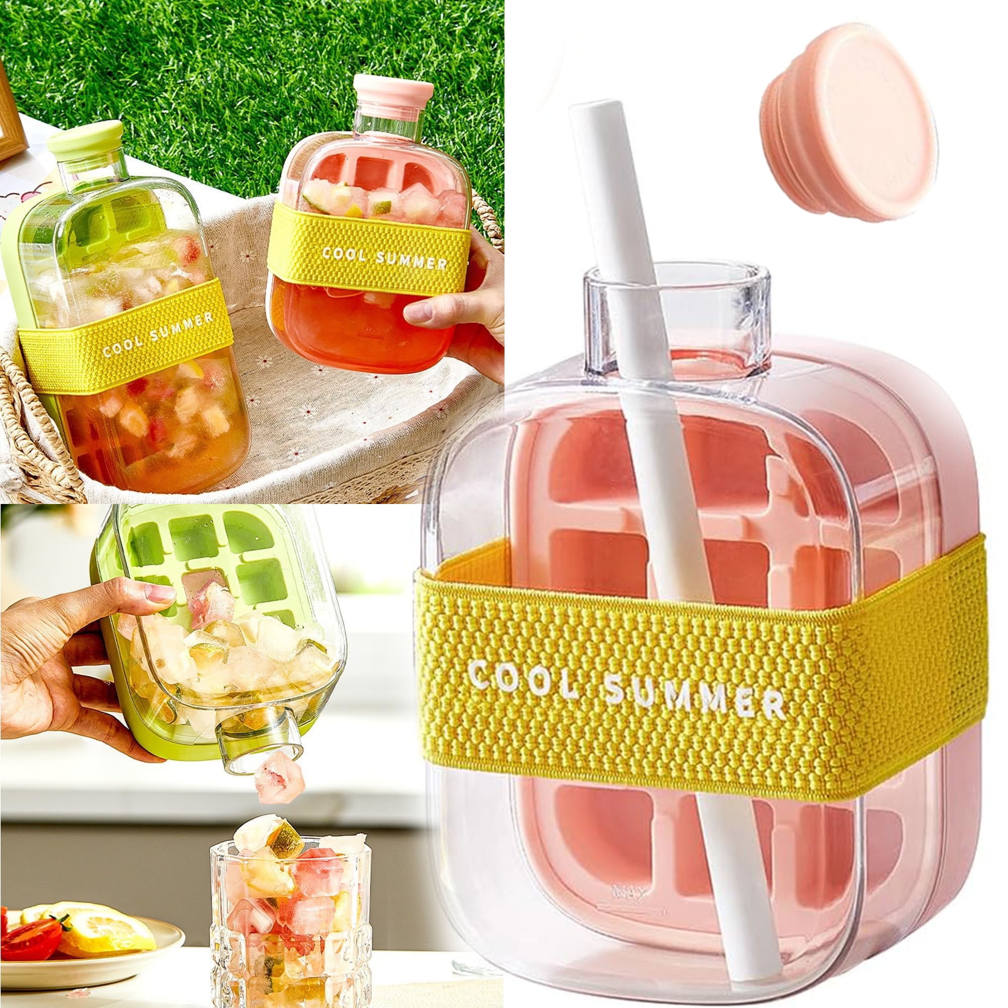 Ice Cube Bottle, Ice Cube Bottle with Straw, 2 in 1 Touch-Free Ice Cube ...