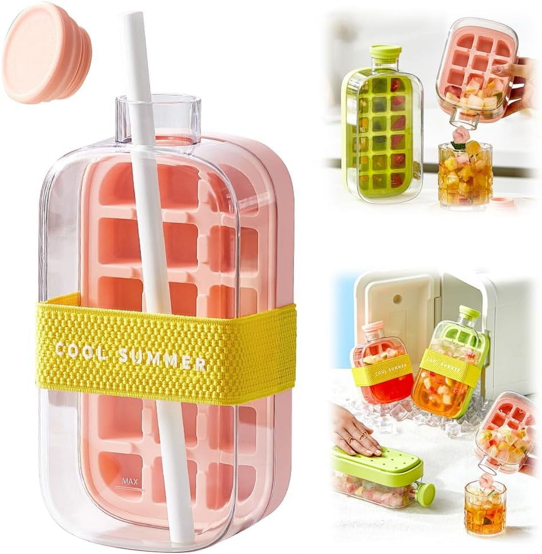 Ice Cube Bottle, 2 in 1 Touch-Free Ice Cube Tray Water Bottle with Lid ...