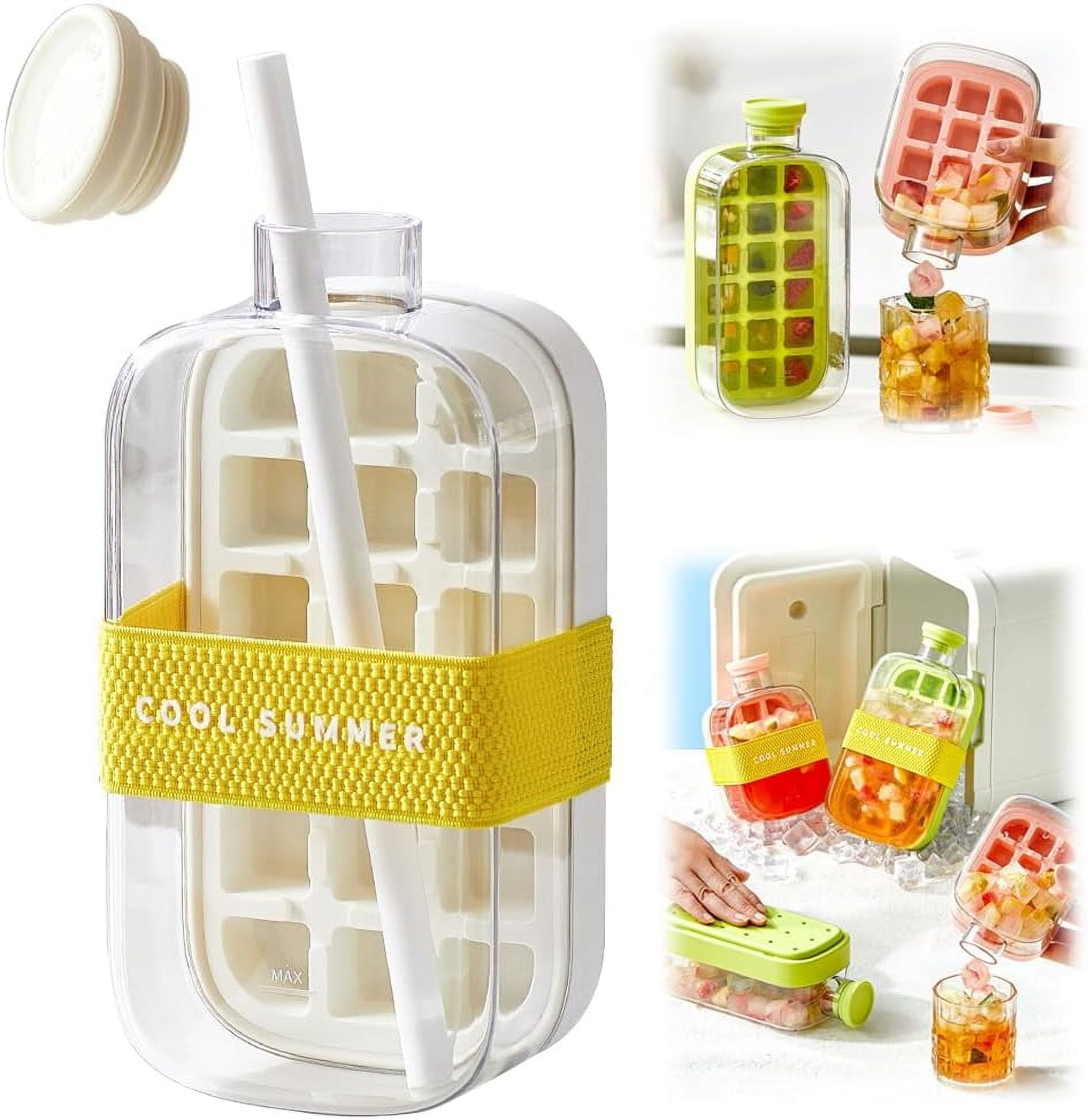 Ice Cube Bottle, 2 in 1 Touch-Free Ice Cube Tray Water Bottle with Lid ...