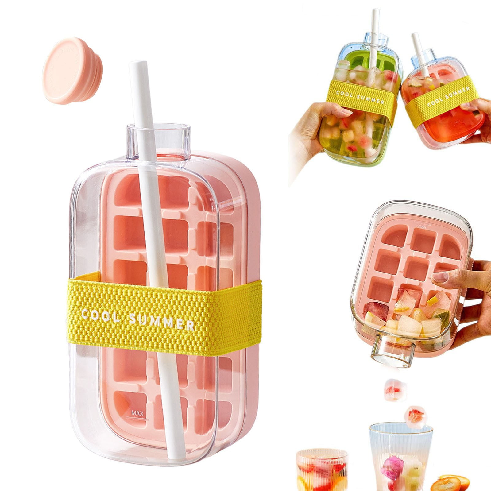 Ice Cube Bottle, 2 in 1 Touch-Free Ice Cube Tray Water Bottle with Lid ...