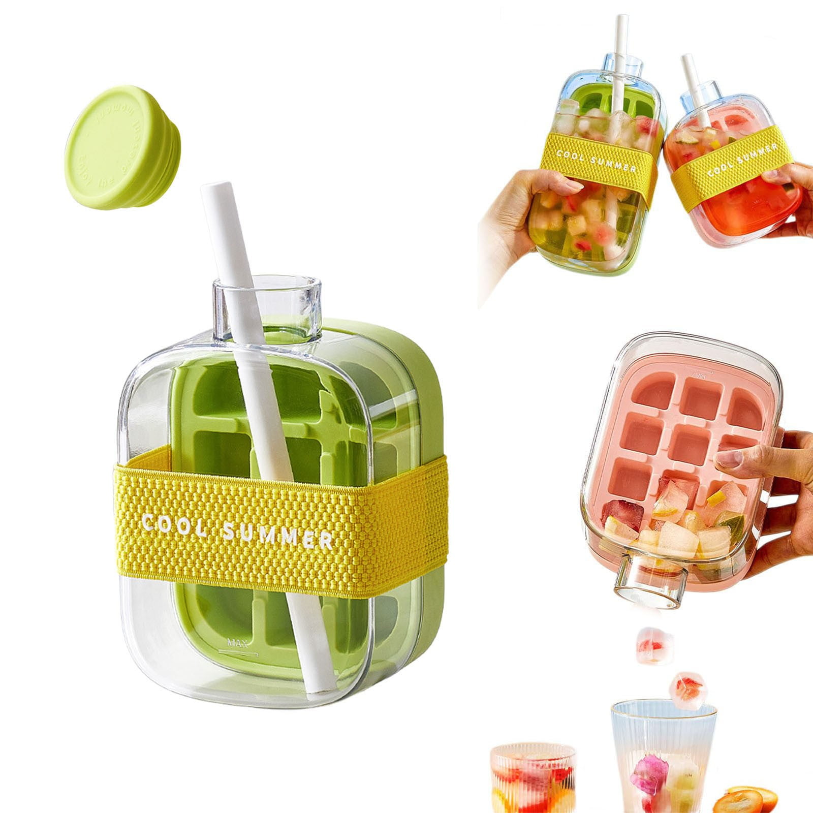 Ice Cube Bottle, 2 in 1 Touch-Free Ice Cube Tray Water Bottle with Lid ...