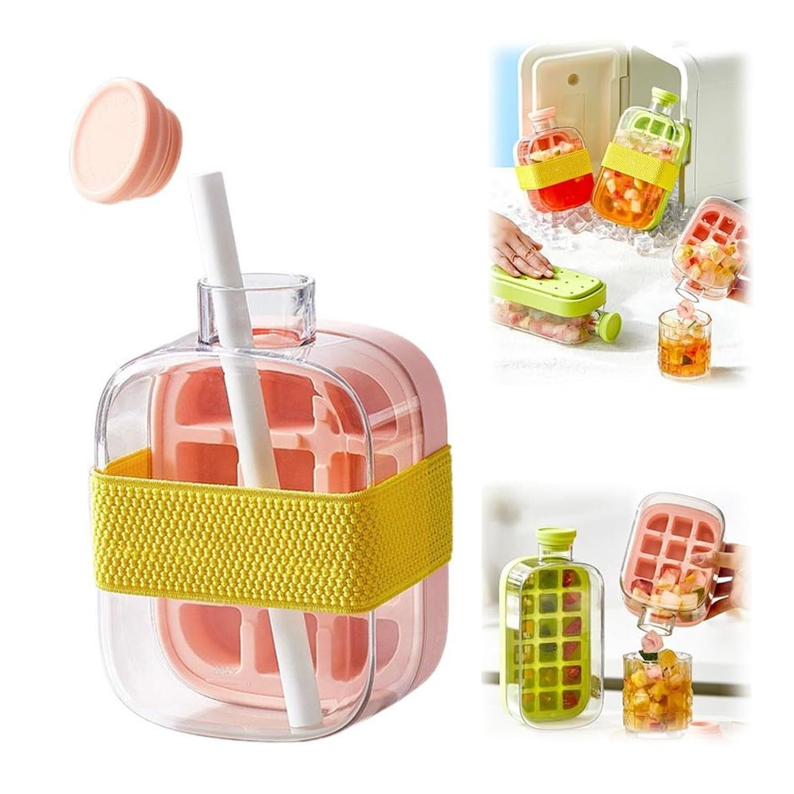 Ice Cube Bottle, 2 in 1 Touch-Free Ice Cube Tray Water Bottle with Lid ...