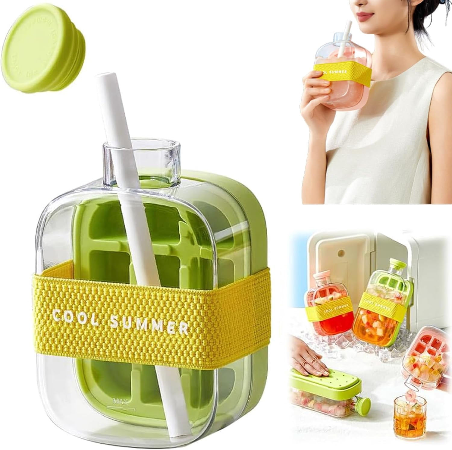 Ice Cube Bottle, 2 in 1 Touch-Free Ice Cube Tray Water Bottle with Lid ...