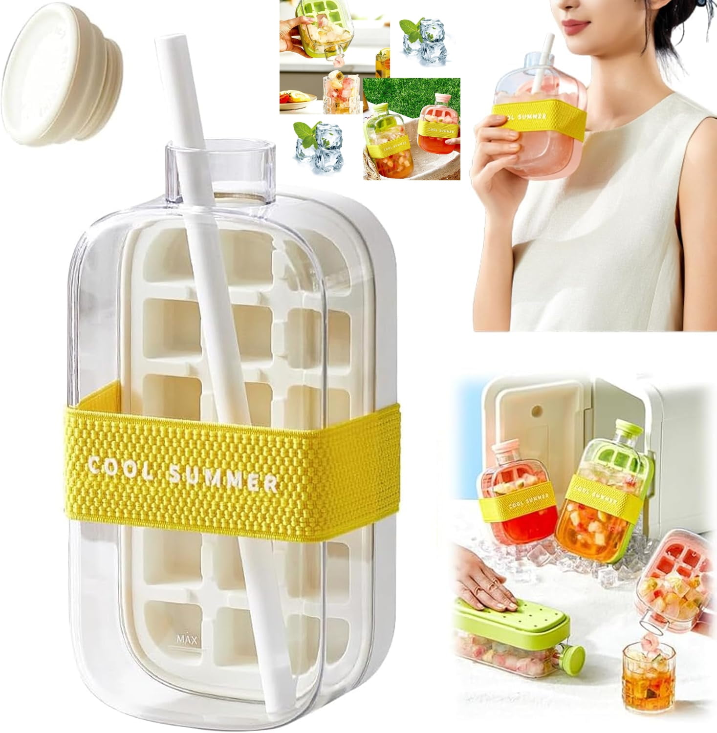 Ice Cube Bottle, 2 in 1 Touch-Free Ice Cube Tray Water Bottle with Lid ...