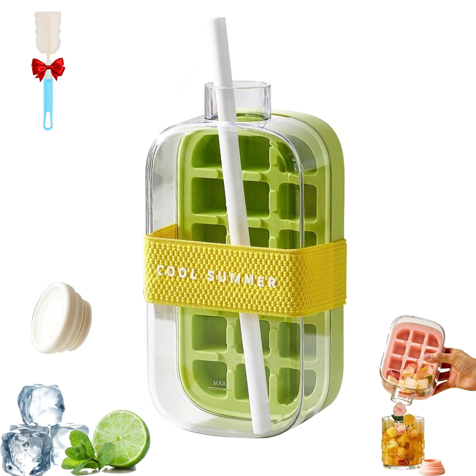 Ice Cube Bottle, 2 in 1 Touch-Free Ice Cube Tray Water Bottle with Lid ...