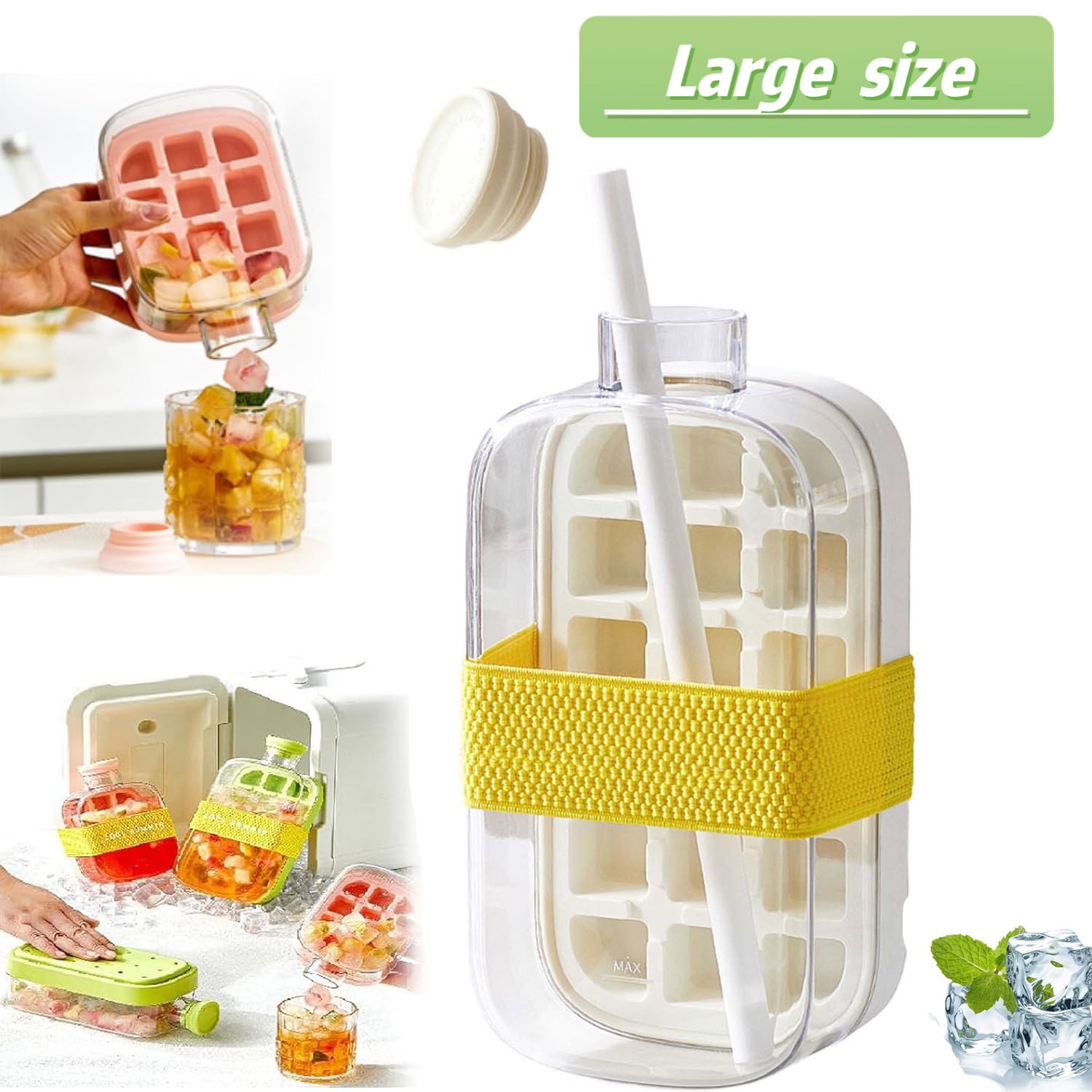 Ice Cube Bottle, 2 in 1 Touch-Free Ice Cube Tray Water Bottle with Lid ...