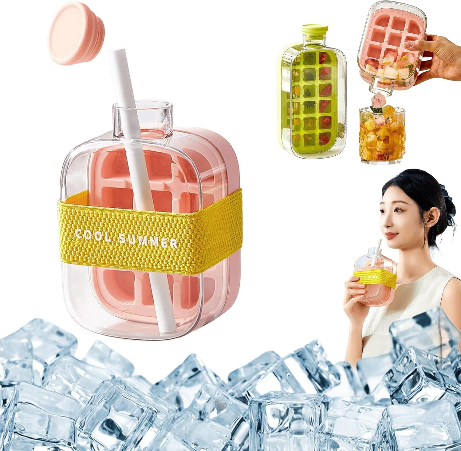 Ice Cube Bottle, 2 in 1 Touch-Free Ice Cube Tray Water Bottle with Lid ...